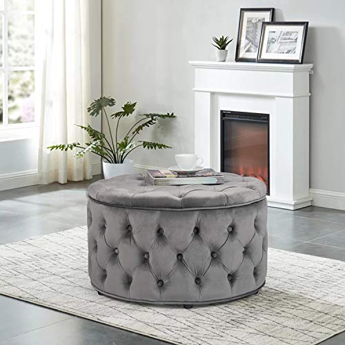 Homebeez Round Velvet Storage Ottoman, Button Tufted Footrest Stool Coffee Table for Living Room (Grey)