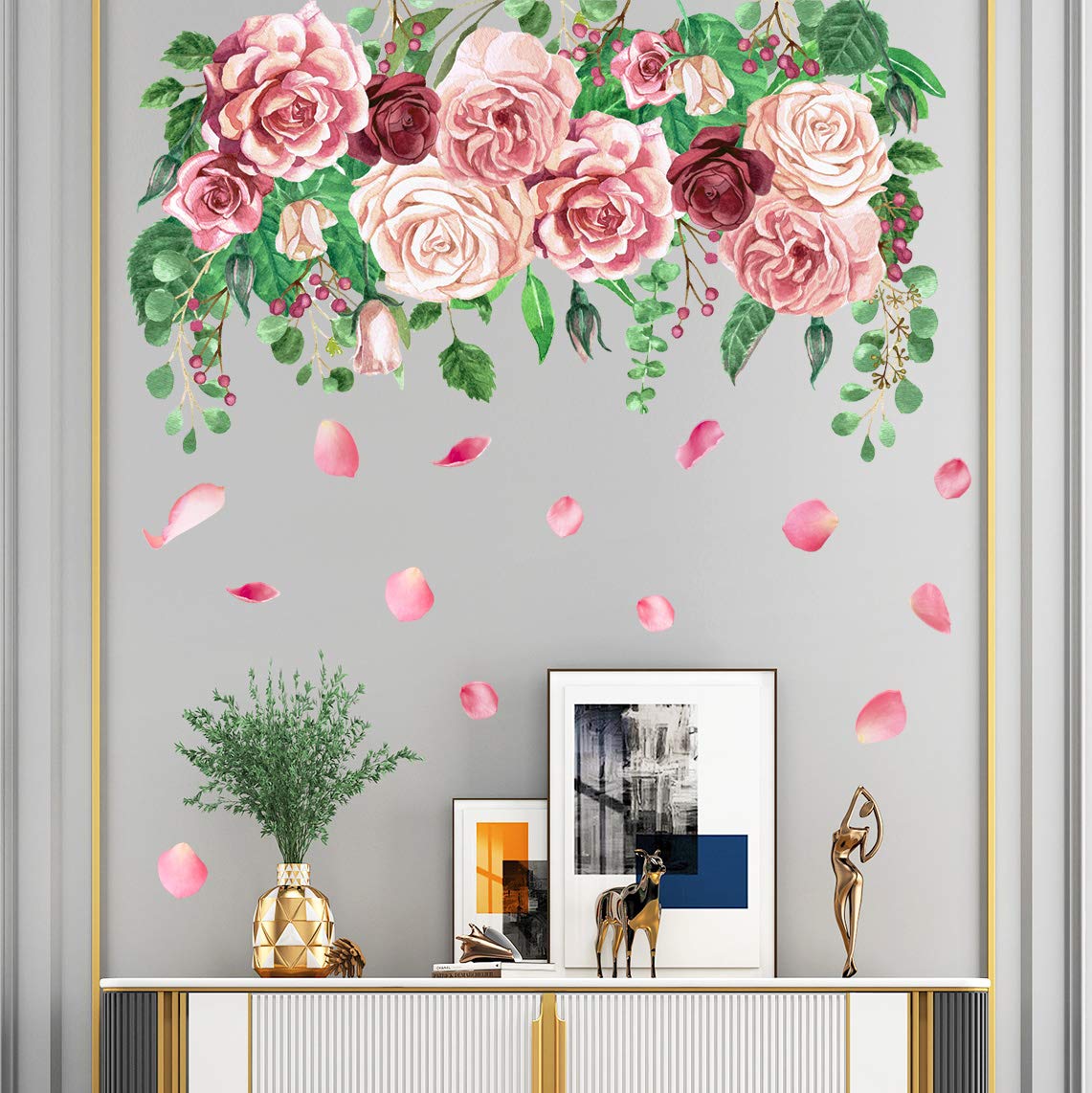 Peony Flowers Wall Decals Rose Flower Green Leaves Stickers DIY 3D Removable Floral Rose Skirting Wall Art Murals for Kids Baby Girls Bedroom Living Room Nursery Kitchen Office Room Decoration (Pink)