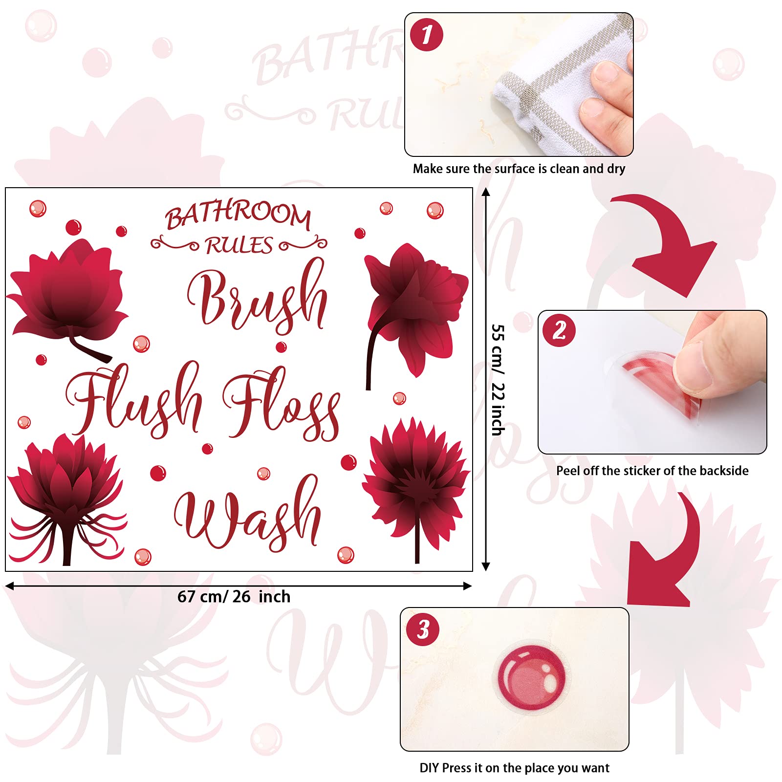 Set of Bathroom Wall Decals Stickers Wash Brush Flush Floss Bathroom Rules Wall Decor Sticker Waterproof Flower Sign Sticker for Bathroom Kitchen Home DIY Decorations