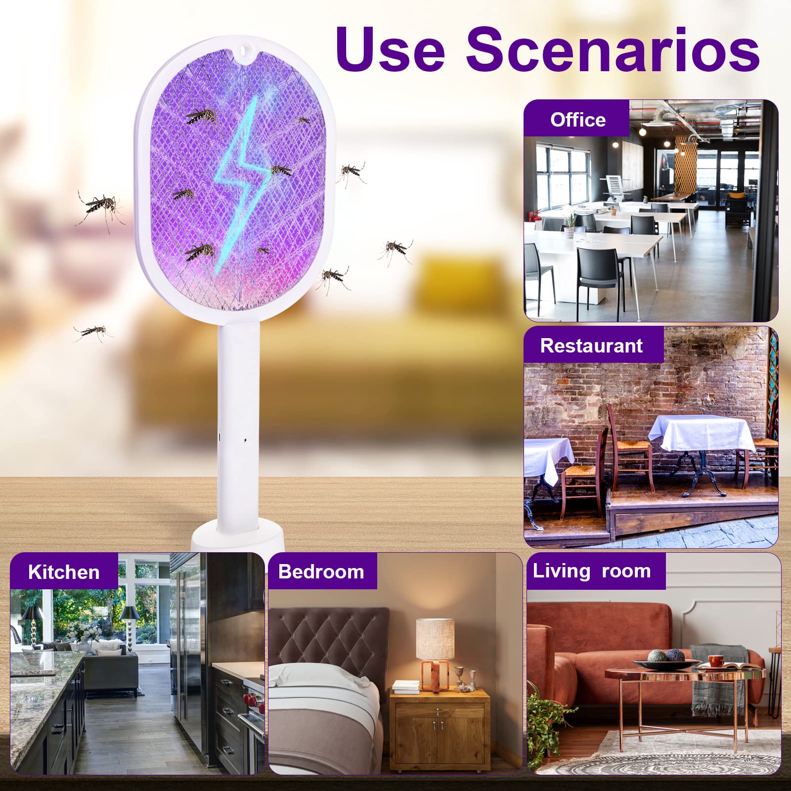 4 Pcs Electric Fly Swatter Bug Zapper Racket 2 in 1 USB Rechargeable Mosquito Racket 3000v High Powered Mosquito Killer for Indoor Outdoor Home Bedroom Kitchen Patio Office Insect
