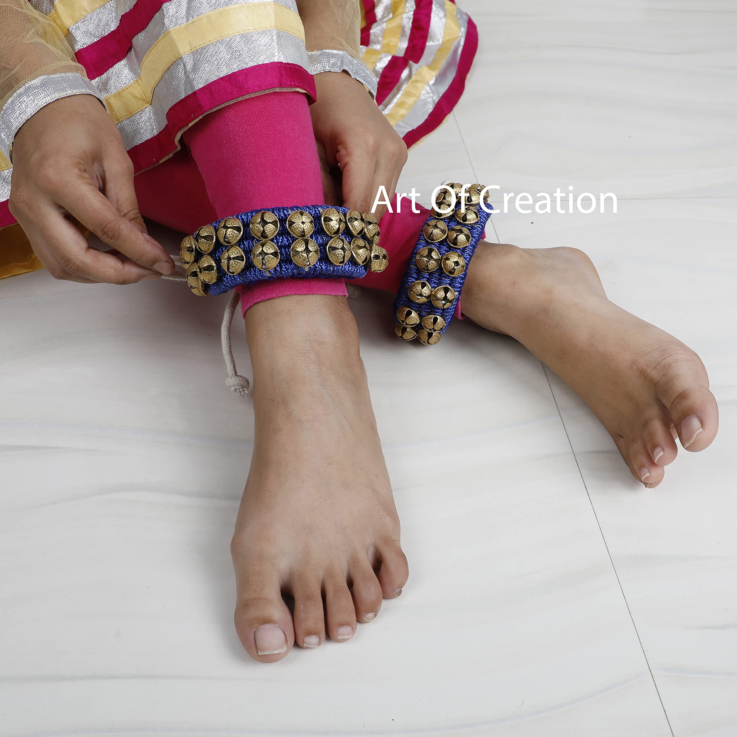 Art Of Creation Kathak Dancing Ghungroo 2 line 20 +20 Dancing Bell Anklet Pair Classical Dancers Musical Instrument Bharatnatayam Ghungru (Blue)