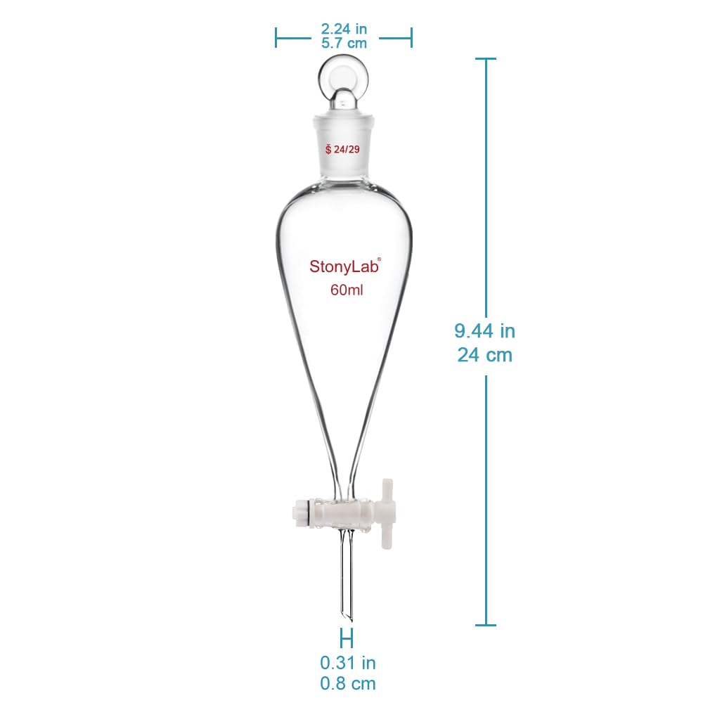 StonyLab PTFE Stopcock Separatory Funnel 60ml, Borosilicate Glass Heavy Wall Conical Pear-Shaped Separatory Funnel Separation Funnel with 24/29 Joint