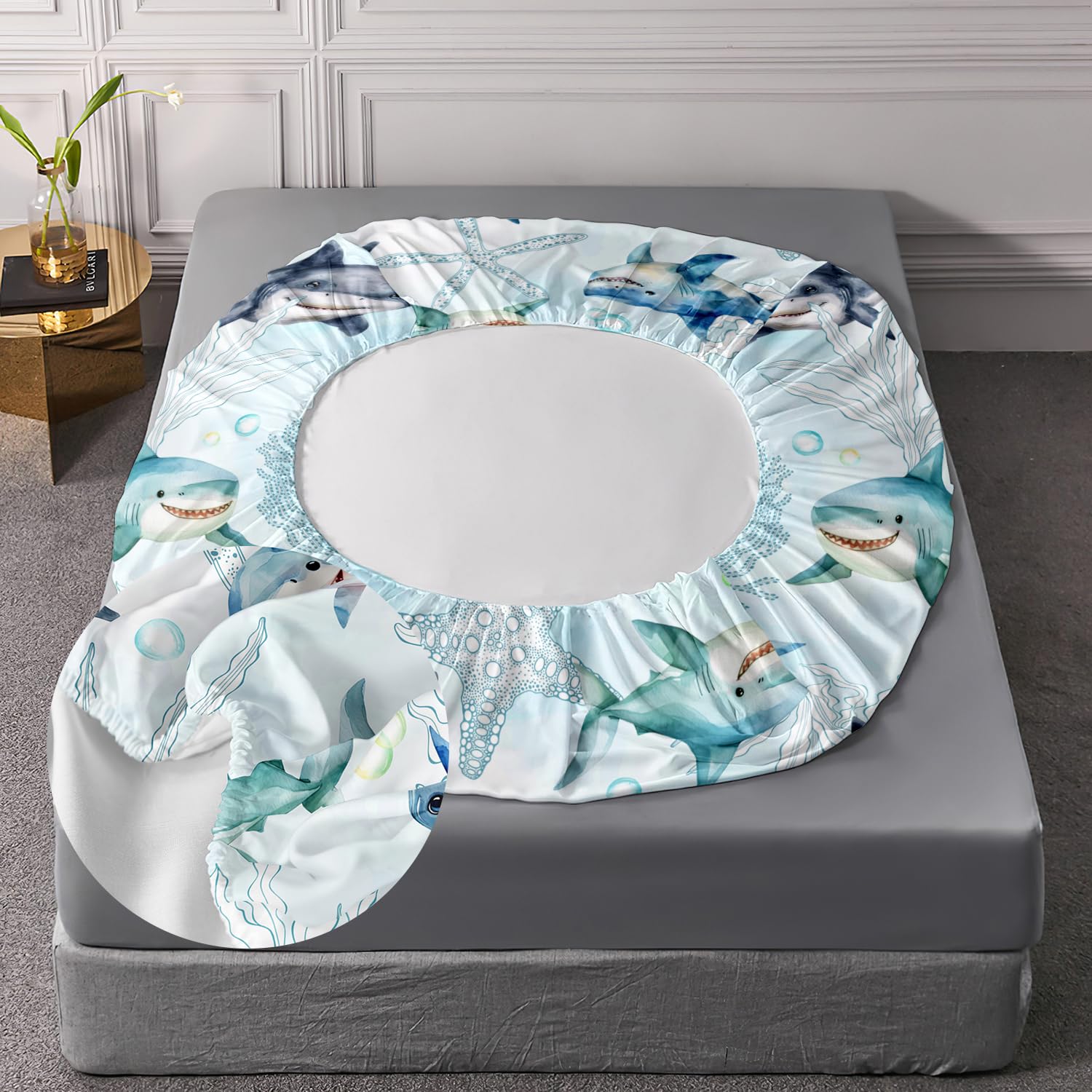 AILONEN Shark Fitted Sheet Set Twin Size, Ocean Shark Bed Sheet Set for Boys Kids,Blue Starfish Shark Fitted Sheet with 2 Pillowcases,3 Pieces Bed Sheet Set