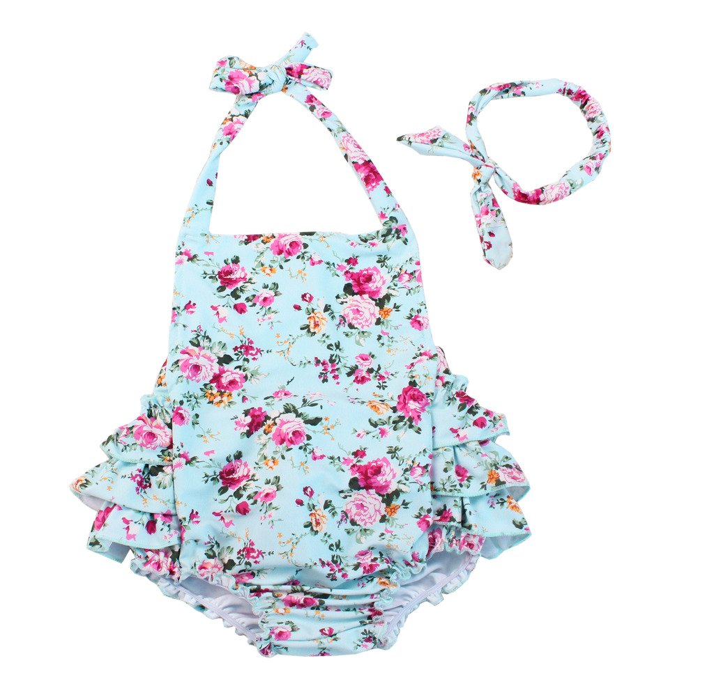 China Rose 50's Floral Ruffles Rompers Backless Dress Bathing Suit Swimwear (0-12 Months, Light Blue)