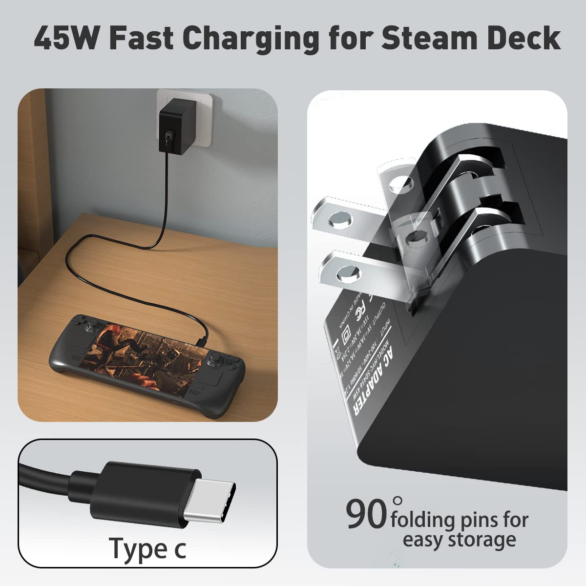 45W USB C Charger for Steam Deck and Nintendo Switch,Foldable Power Adapter Supports Super Fast Charging,AC Adapter Compatible with Laptops Tablet