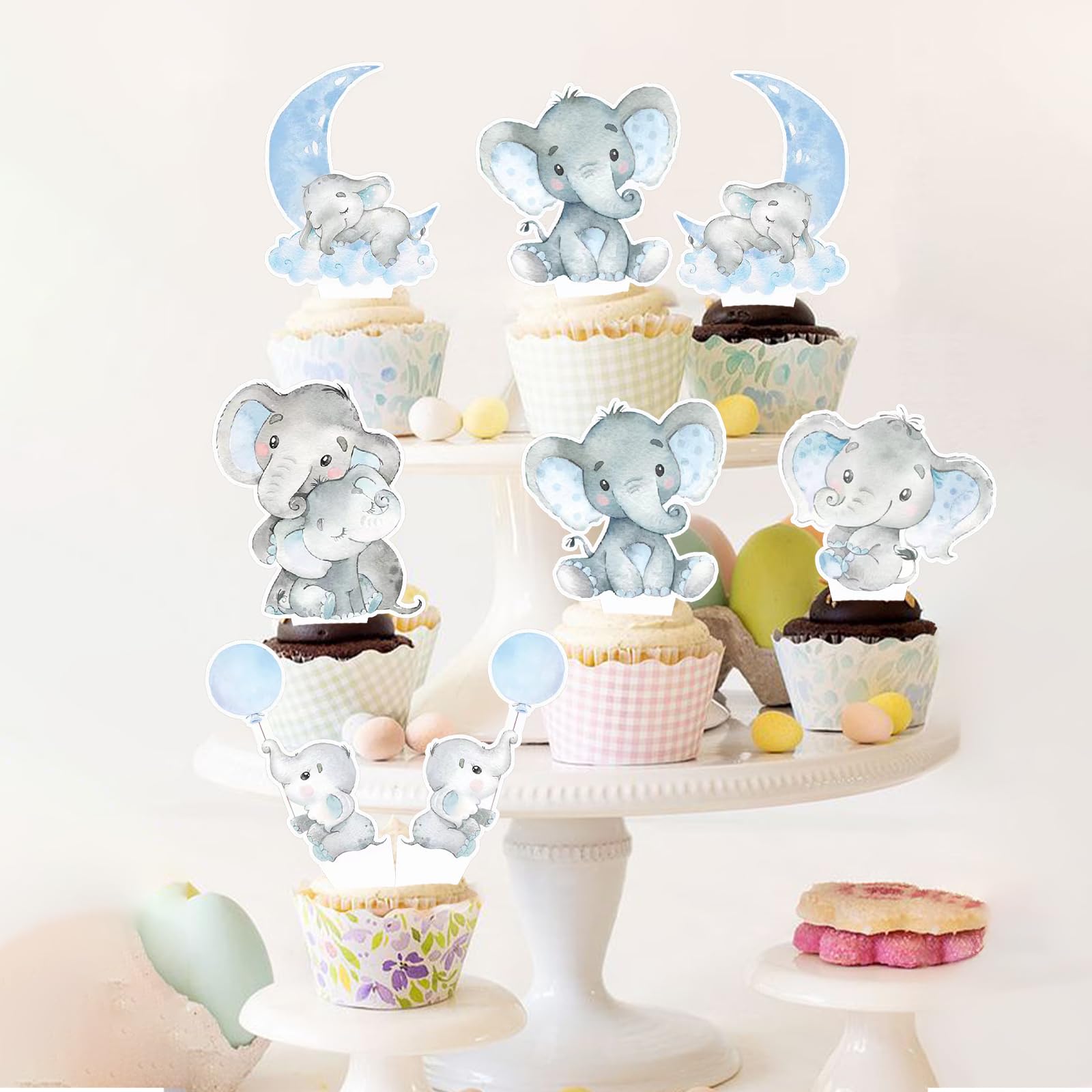 48 Pcs Blue Elephant Cupcake Toppers for Elephant Baby Shower Decorations Boy Cupcake Cake Decorations Baby Elephant Birthday Party Supplies