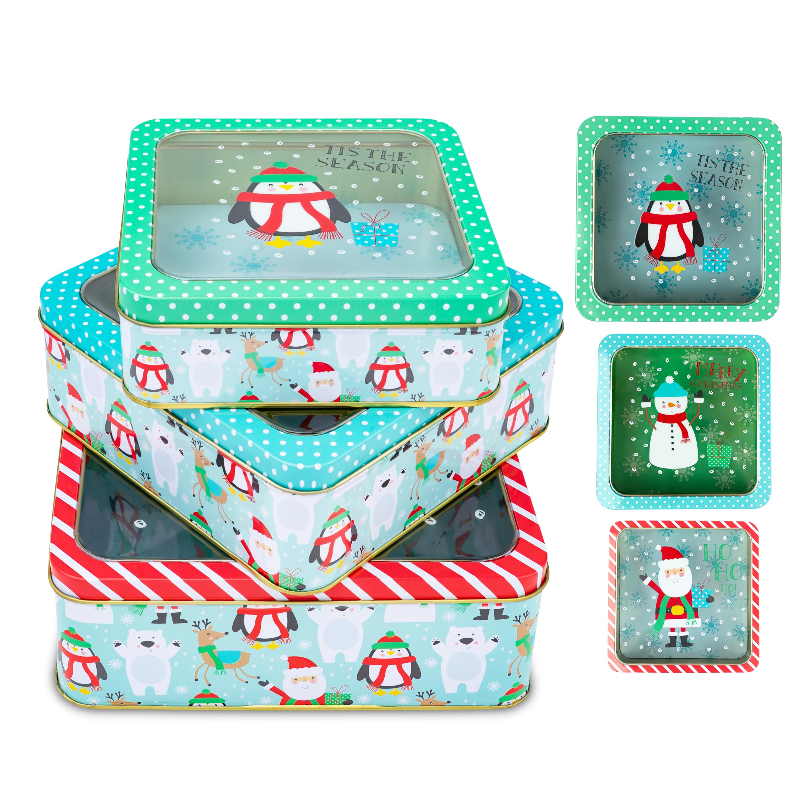 3 Christmas Cookie Tins- Christmas Cookie Tins with Lids for Gift Giving, Christmas Tins Holiday Cookie Boxes, Christmas Tins for Cookies and Gifts- 3 Nested Metal Cookie Tins (Christmas Cookie Tin)