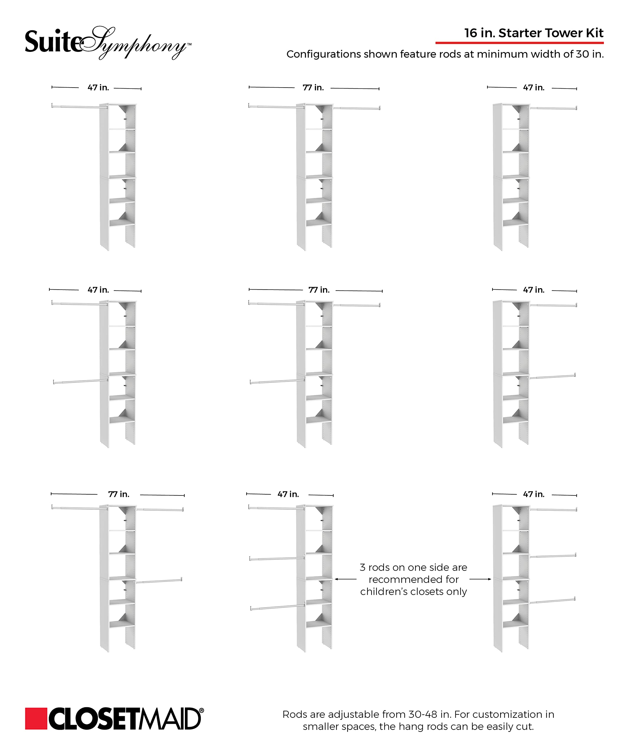 ClosetMaid SuiteSymphony Wood Closet Organizer Starter Kit with Tower and 3 Hang Rods, Shelves, Adjustable, Fits Spaces 4 – 9 ft. Wide, Pure White, 16"