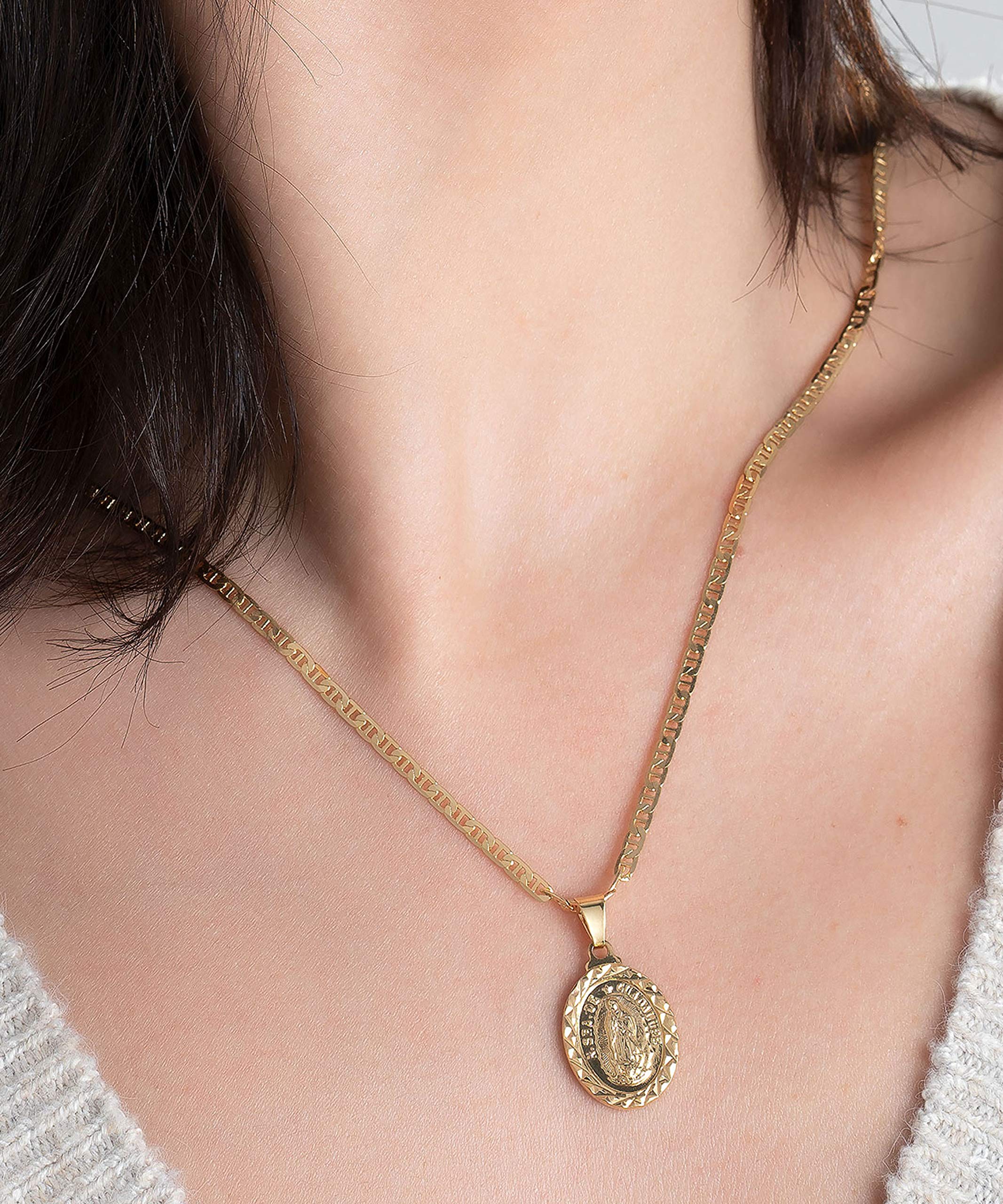 Barzel 18K Gold Plated Flat Mariner/Marina Chain Necklace With Virgin Mary Guadalupe Charm Pendant 3MM (20)