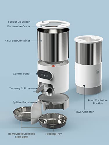 Automatic Cat Feeder, WHDPETS WiFi Cat Food Dispenser for 2 Cats & Dogs, 304 Stainless Steel Pet Feeder with Feeding Mat, 2-Way Splitter, APP Control, 10s Voice Recorder, Dual Power Supply