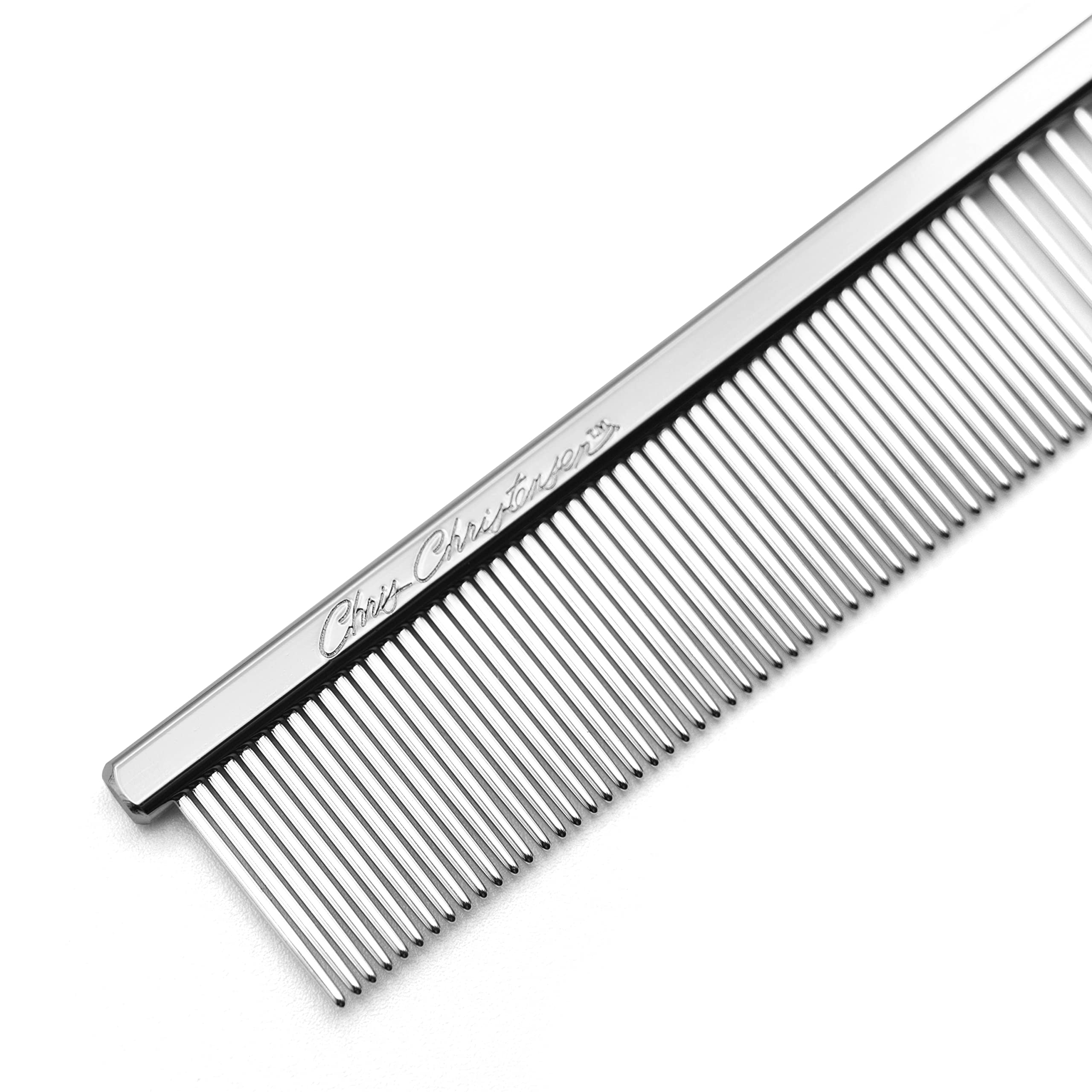 Chris Christensen 5in Face and Feet Fine/Coarse Butter Comb, Groom Like a Professional, Rounded Corners Prevent Friction and Breakage, Solid Brass Spin with Steel Teeth, Chrome Finish