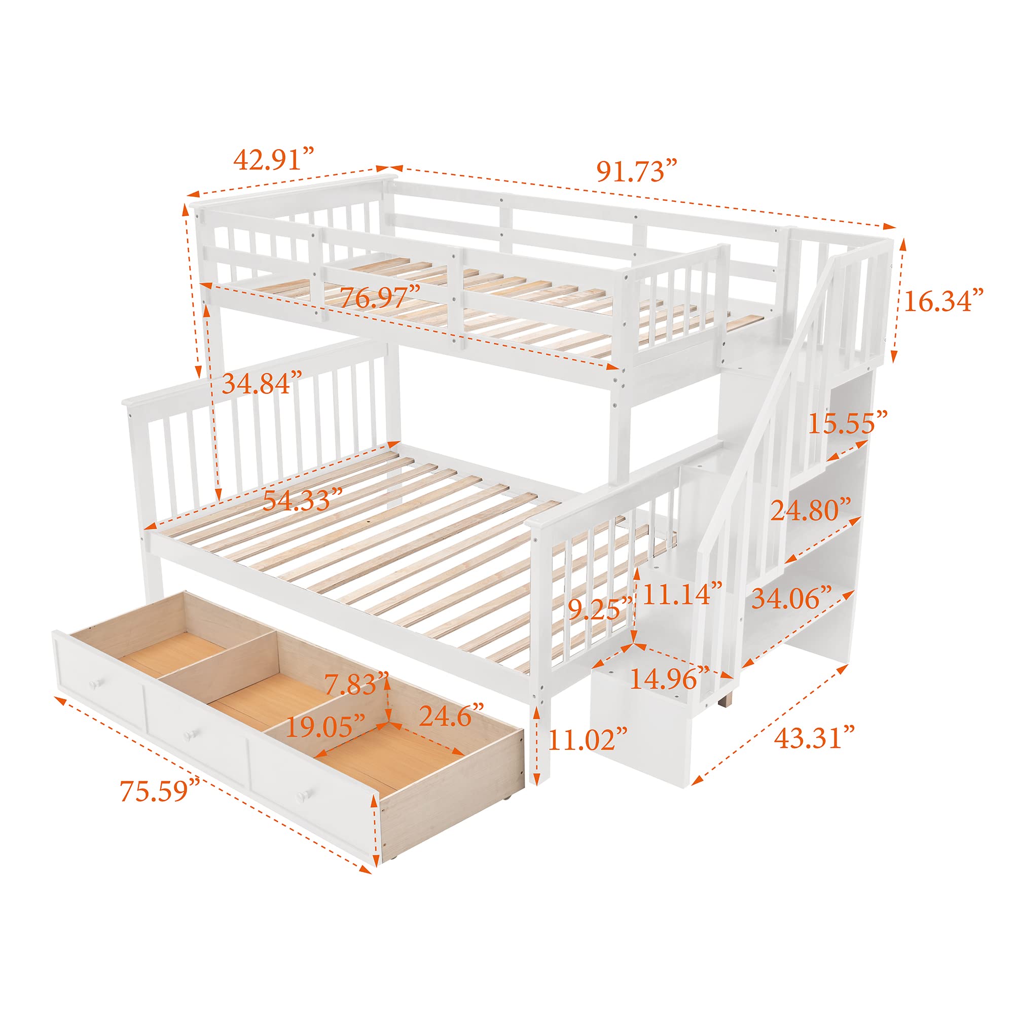Twin Over Full Bunk Bed, Wood Twin Over Full Bunk Bed Frame with Storage Drawers and Shelves, Twin Over Full Size Bunk Bed Frame with Guardrails and Stairs for Kids Boys Girls Teens Adults, White