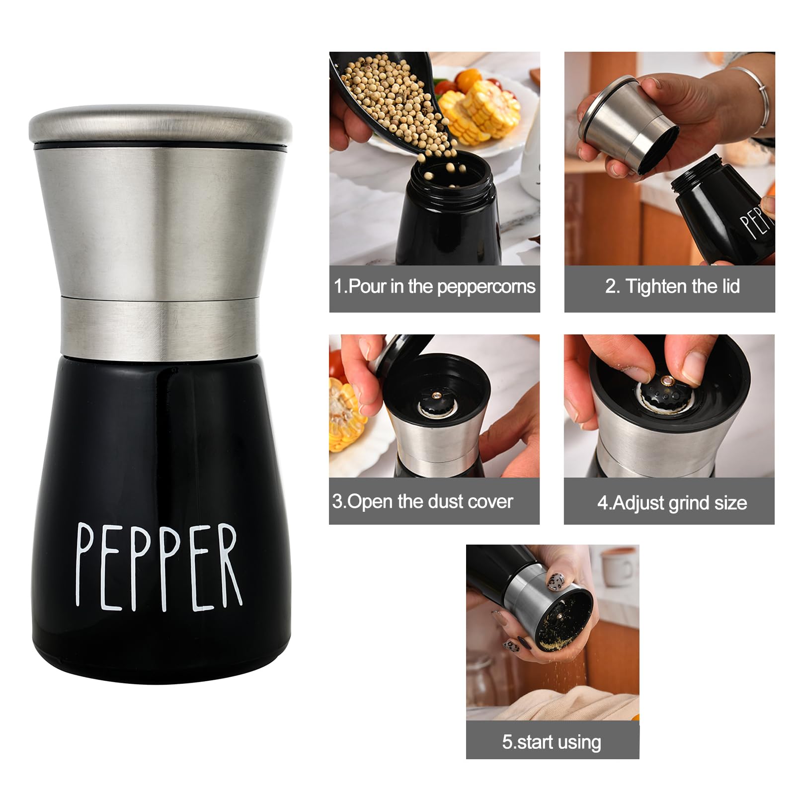 2PCS Salt and Pepper Grinder Set, Black and White Original Salt and Pepper Grinder Set - Adjustable Sea Salt Grinder & Pepper Grinder - Stainless Steel & Glass Salt and Pepper Shakers 2pack