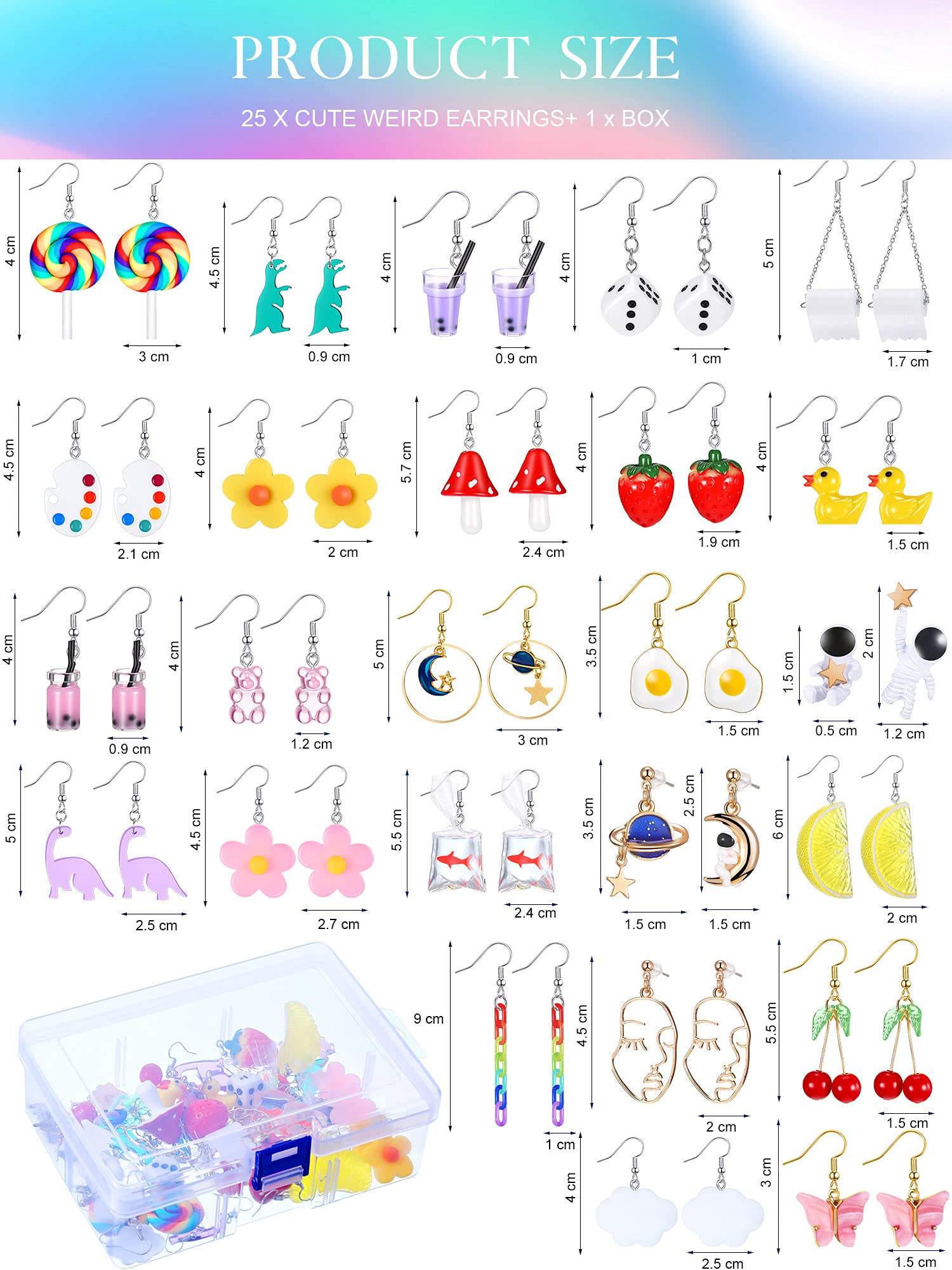 25 Pairs Cute Weird Earrings Funny Dangle Drop Earrings Water Bottle Earrings Milk Tea Dangle Earrings Bear Goldfish Water Bottle Strawberry Mushroom Butterfly Cloud Flowers Dinosaur Egg Earrings