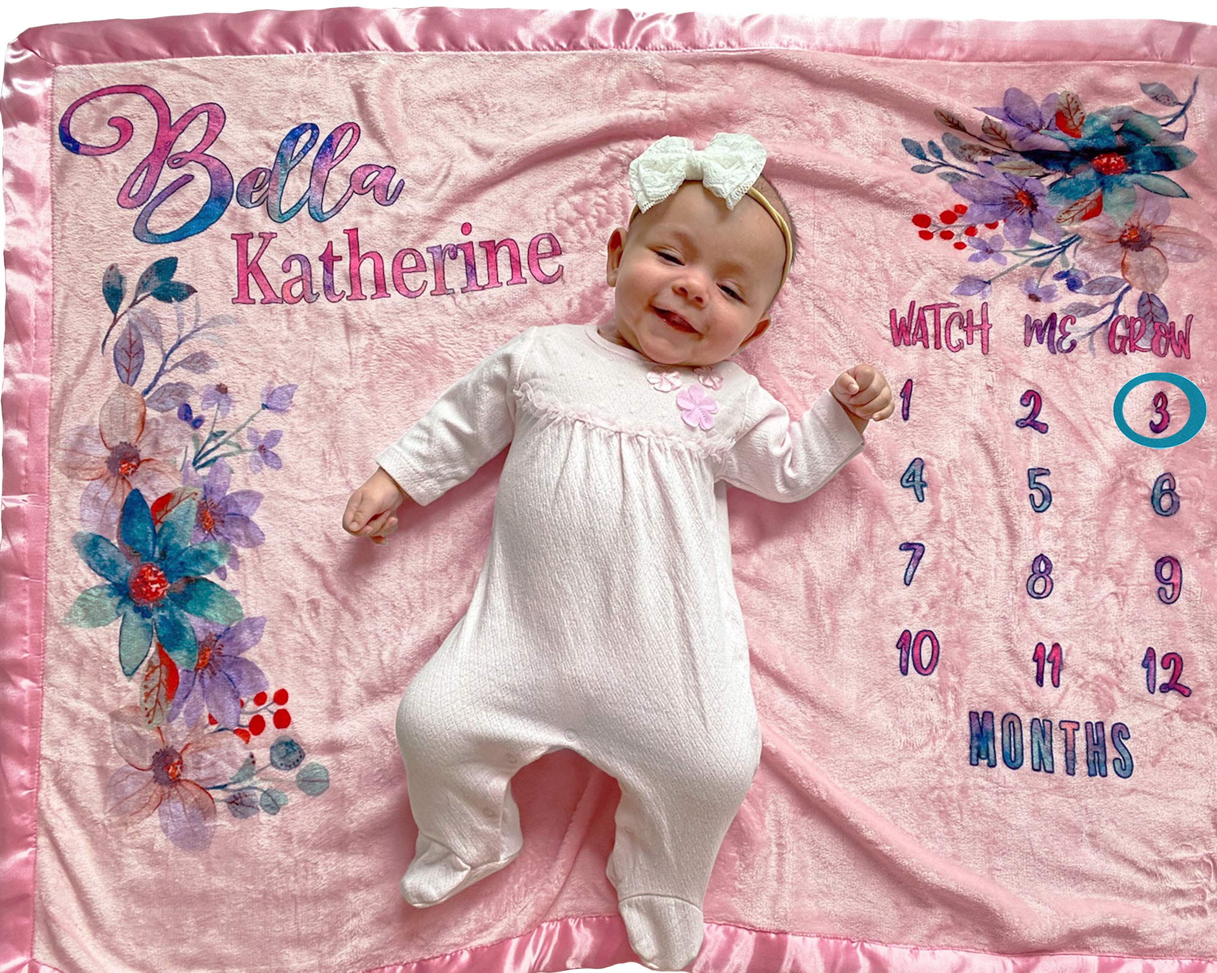 Personalize It Milestone Baby Blanket (Pink, 40 x 30) Custom Baby Girl Name Luxe Satin Trim Edge Double Sided Polar Fleece