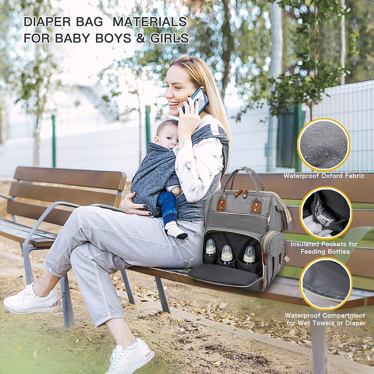 3 in 1 Diaper Bag Backpack with Changing Pad Large Capacity Portable Portable Foldable Mommy Bag Waterproof Newborn Baby Shower Gifts Travel Backpack Stroller Straps(Grey)
