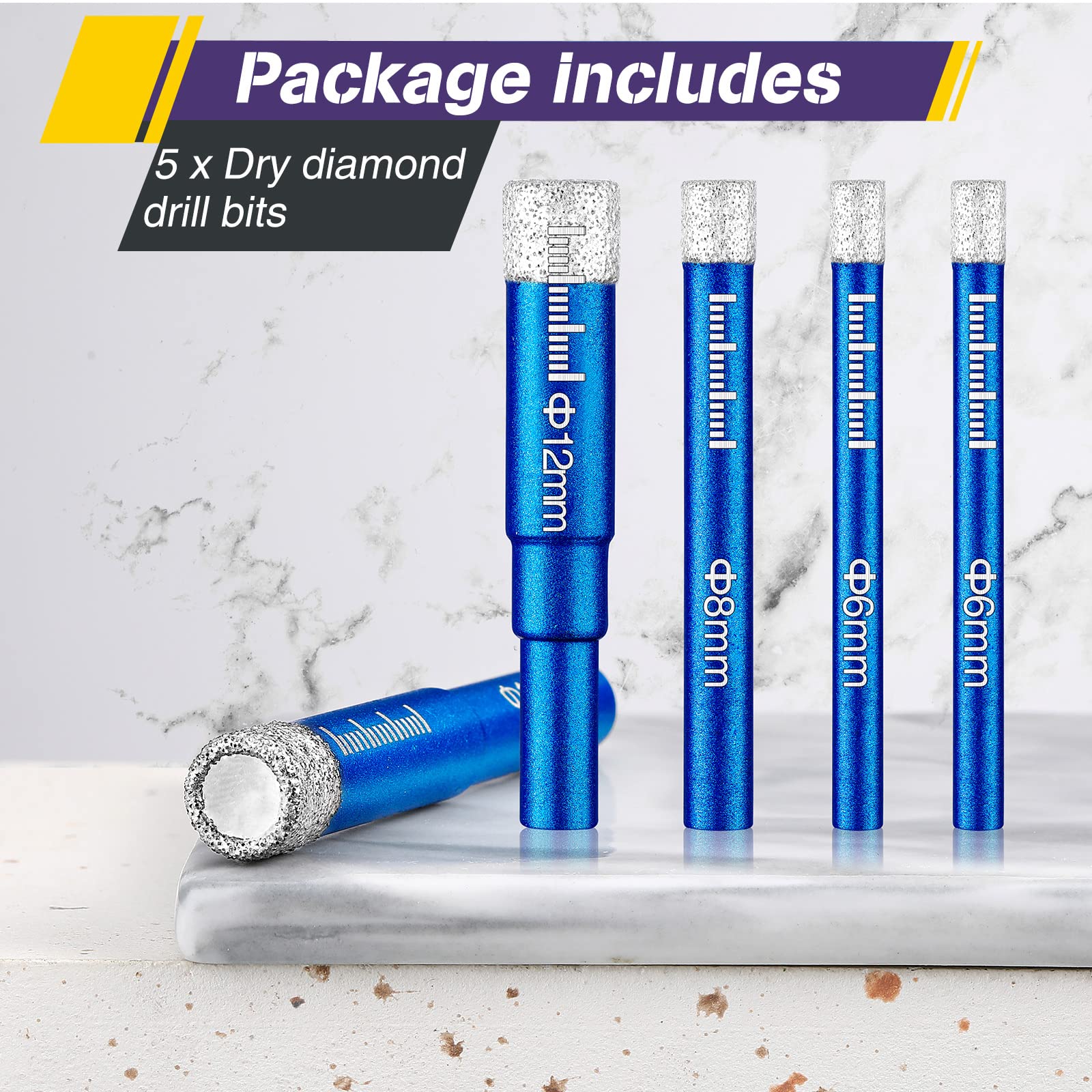 5 Pcs Dry Diamond Drill Bits Set, Glass Ceramic Marble Tile Drill Bits, Not for Wood, 1/4, 5/16, 3/8, 1/2 Inch Round Shank
