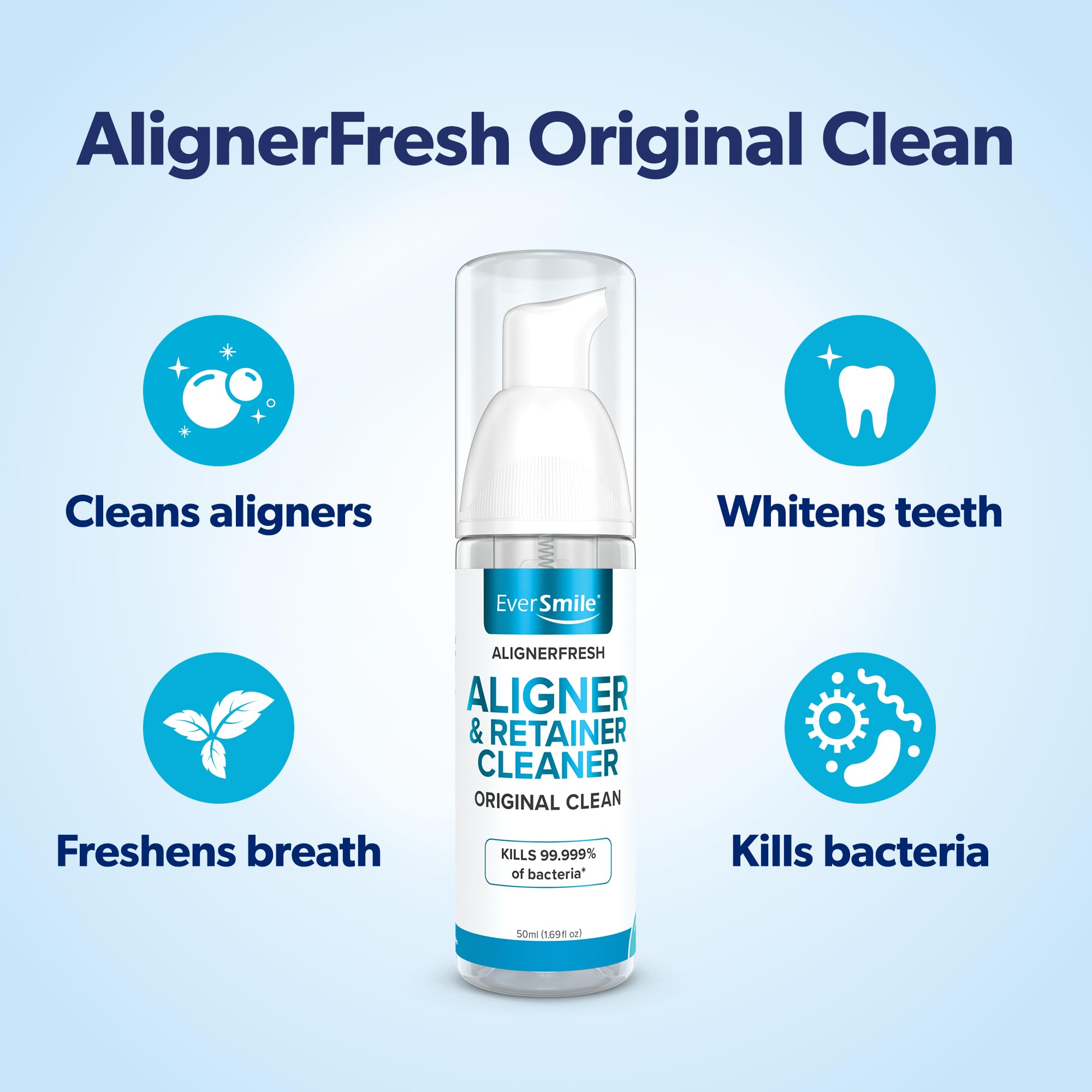 EverSmile AlignerFresh Original Clean Foam – Cleaner Compatible w/Invisalign and All Clear Aligners & Retainers – Eliminates Bacteria, Whitens Teeth, Fights Bad Breath – 50ml (1 Pack)