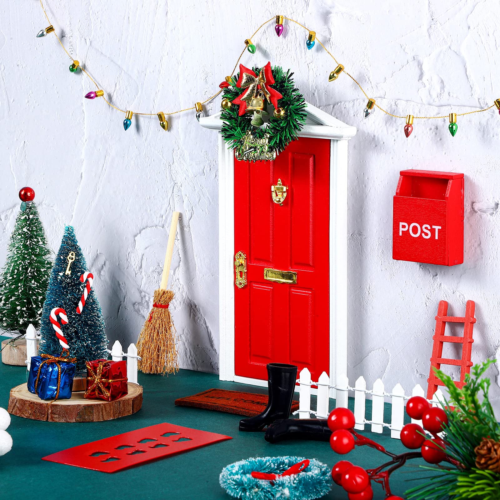 20 Pcs Christmas Elf Girl Fairy Doors Decorations Door Enchanted Fairy Doors Tiny Outdoor Xmas Decor Wooden Tiny Miniature for Child Xmas Accessories Fairy Tale (Red Door)