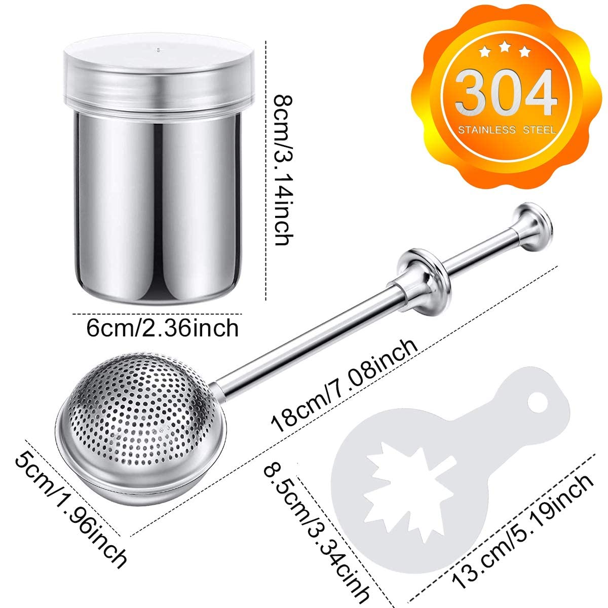 4 Pcs Flour Dusting Wand for Baking Kitchen, Powdered Sugar Flour Duster Dispenser Shaker for Sugar, Flour and Spices, Pick Up and Dust Flour Sifter, 18/8 Stainless Steel, Printing Molds Stencils