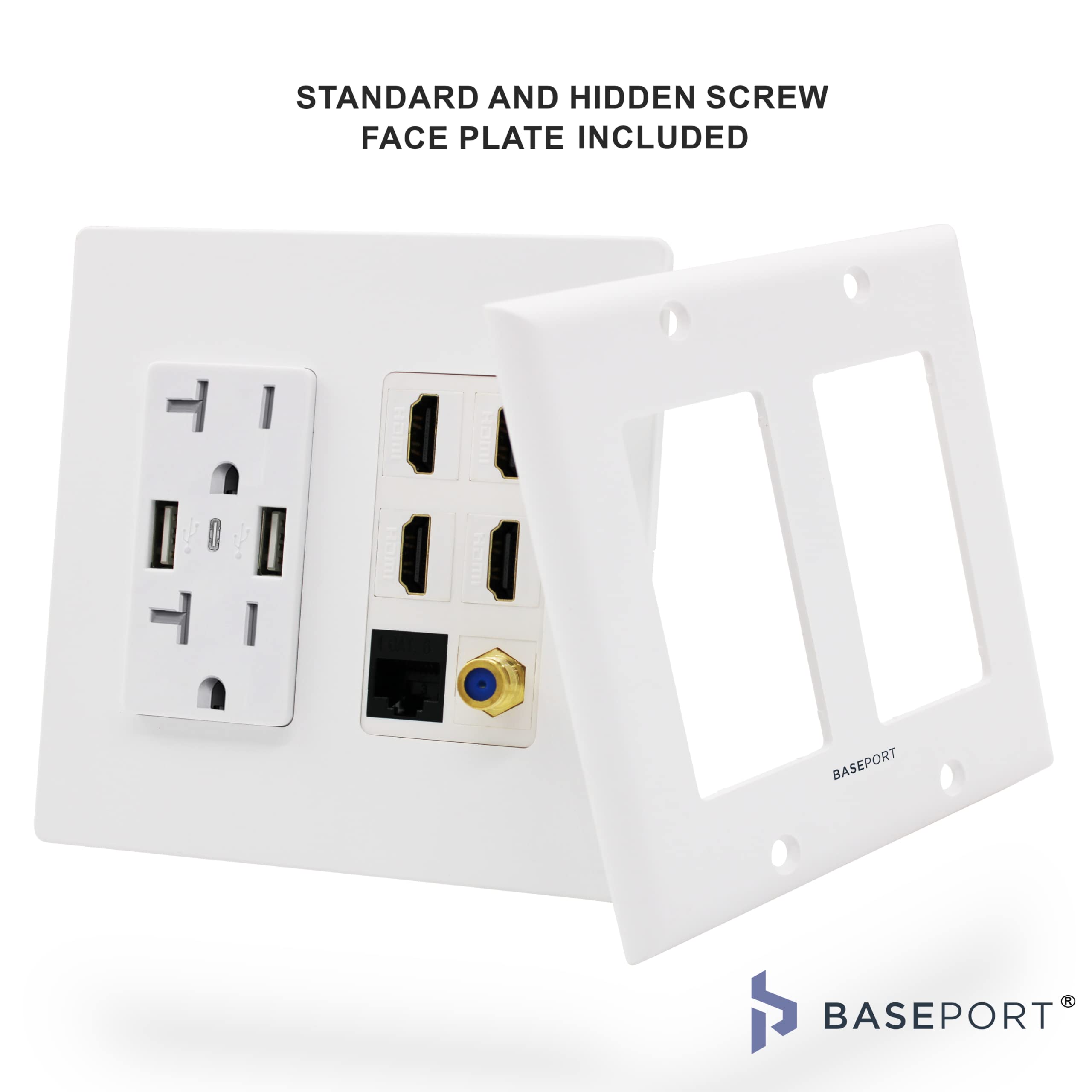 BASEPORT Premium Media Outlet Wall Plate - 6.3A USB Wall Outlet 2 USB A 2.0 + 1 USB C 3.0, 20A Dual Power Outlet, 4 HDMI Keystone Jack, Coaxial + Cat6 Rj45 Ethernet Outlet - White Dual Gang Face Plate