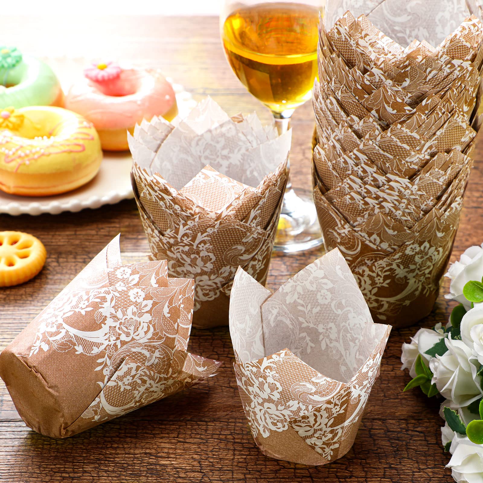 200 Pcs Wedding Tulip Cupcake Liners Bridal Shower Muffin Liners Baking Cups Greaseproof Paper Cupcake Wrappers Cupcake Holders for Party Wedding Girls Birthday Decoration (Lace)
