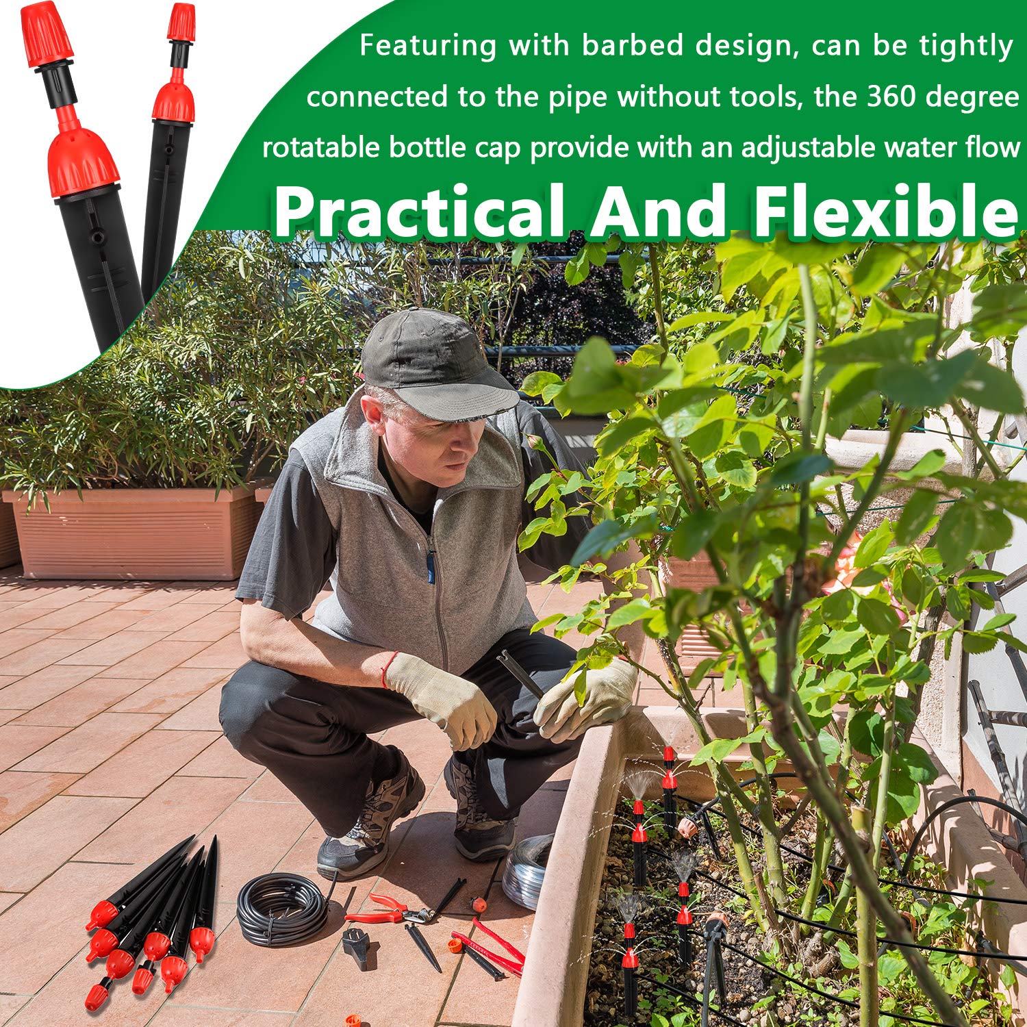 25 Pieces Garden Irrigation Dripper Emitters Micro Drip Irrigation Sprinklers Adjustable 360 Degree Water Flow Drip Emitters on Stake Watering Drip System for Flower Beds, Vegetable Herbs Gardens