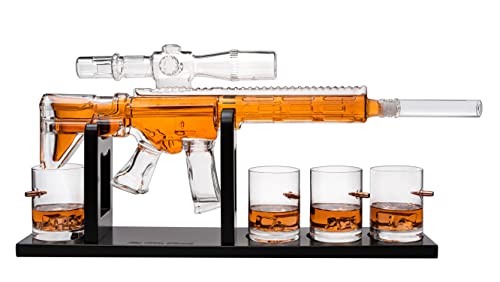 AR15 Whiskey Decanter Set - Limited Edition with Silencer Stopper - 640ml & 4 310 mL Bullet Glasses - Unique Gift - Drinking Party Accessory, Handmade Sniper Gun Liquor Decanter, Tik Tok Gun Decanter