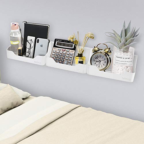 HYOATREA Bedside Shelf Organizer, White Plastic Wall Mounted Adhesive Storage Caddy Shelf Accessory for Phone, Remote, Earphone, Glasses | Home, Office, Dorm (Classic)