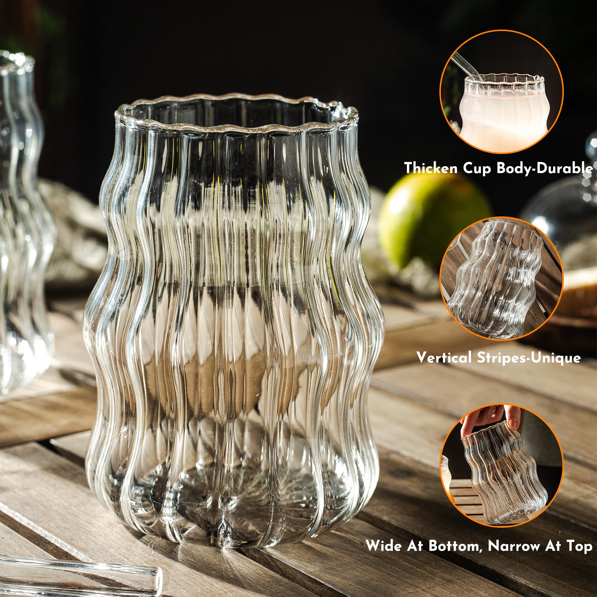4 Pcs Ribbed Glass Cups With Straws With Lids Set, Water Glasses Set, 18Oz Vintage Drinking Glassware With Wave Shape Design, Bubble Cups for Iced Coffee, Beverage, Milk, Cocktails (18 OZ -A)