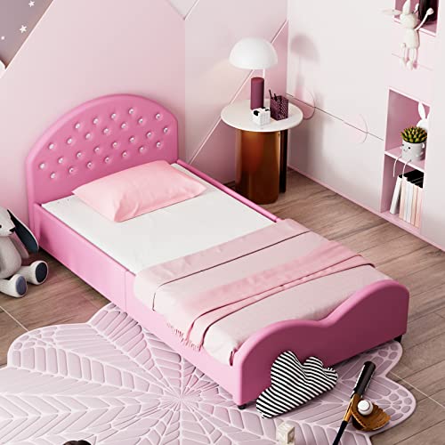 HONEY JOY Kids Twin Bed Frame with Headboard, Toddler Upholstered Platform Bed with Slatted Bed Base, No Box Spring Needed, Princess Wooden Single Bed for Baby Girls, Twin Size in Pink