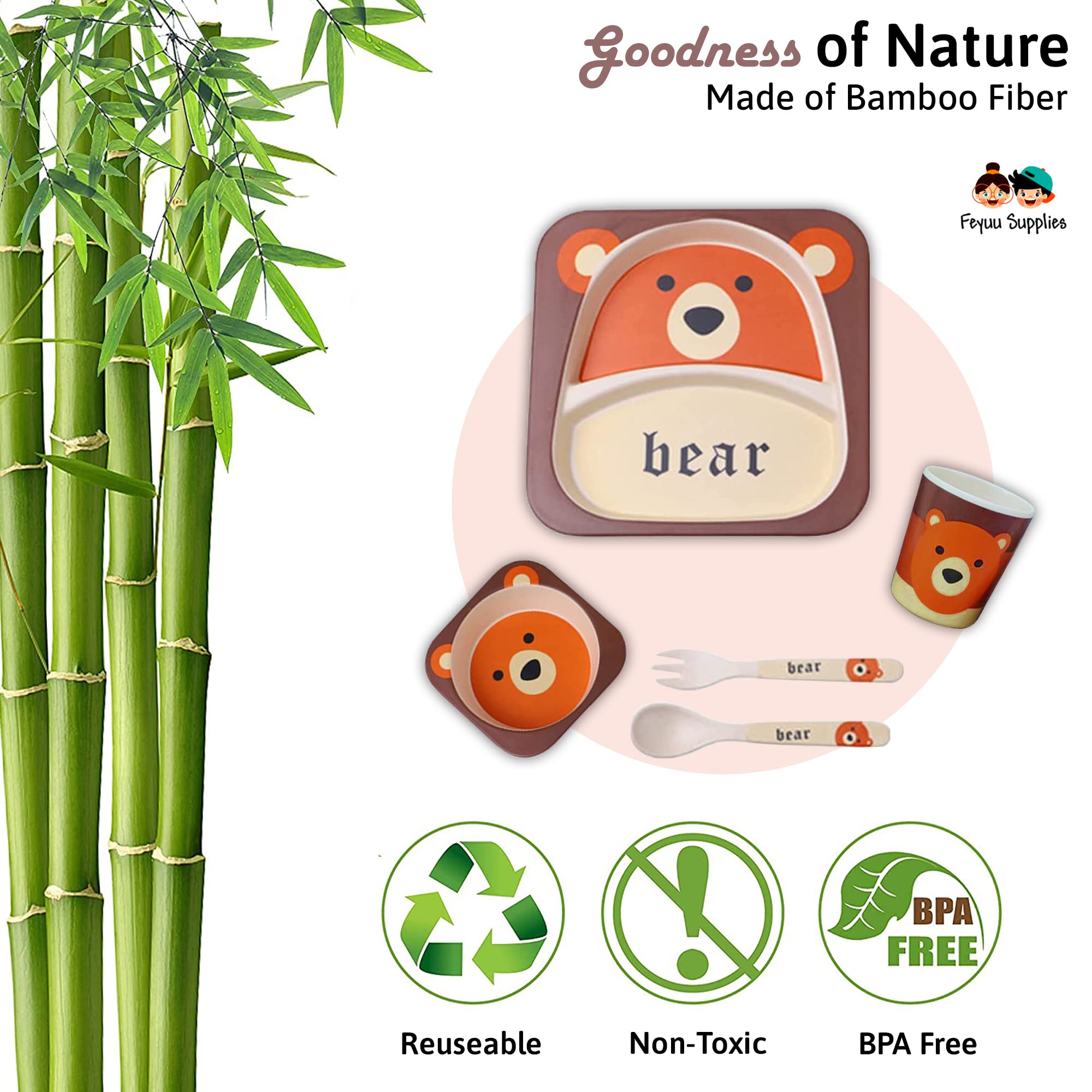 5 Piece Eco-Friendly Mealtime Bamboo Dinnerware for Kids, Toddler, Plate and Bowl Set, Spill Proof Divided Plate Eco Friendly and Dishwasher Safe (Bear)