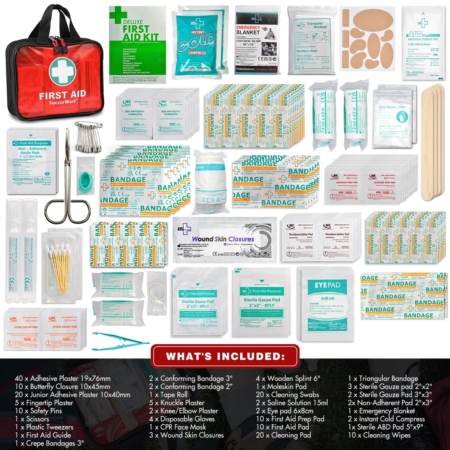 200 Pieces First Aid Kit with Hospital Grade Medical Supplies - Includes Emergency Blanket, Bandage, Scissors - Great for Home, Outdoors, Office, Car, Travel, Camping, Hiking, Boating (Red)