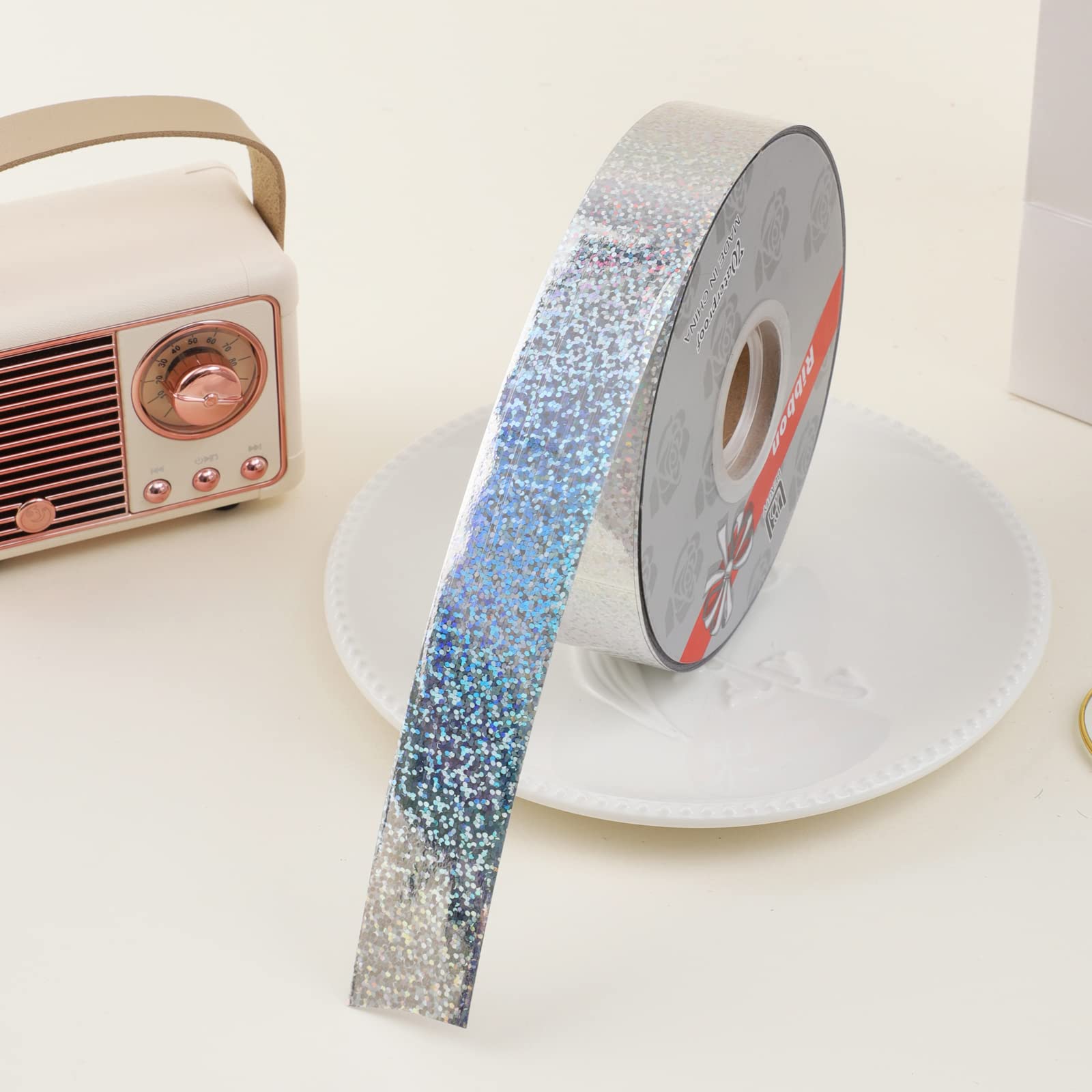 1inch x 100yards Waterproof Ribbon,Silver Curling Ribbon for Gifts Package Wrapping,Bows, Crafting, Wedding.