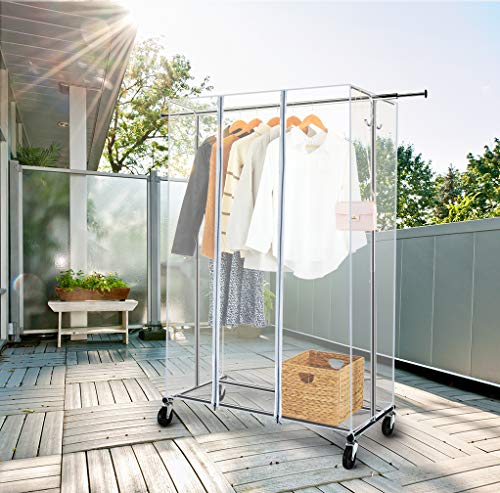 GREENSTELL Clothes Rack with Cover, Adjustable Garment Rack with Wheels, Heavy Duty Clothing Rack with Extendable Hanging Rail and Two Hooks, Commercial Grade Rolling Clothing Coat Rack (59x63x18 in)