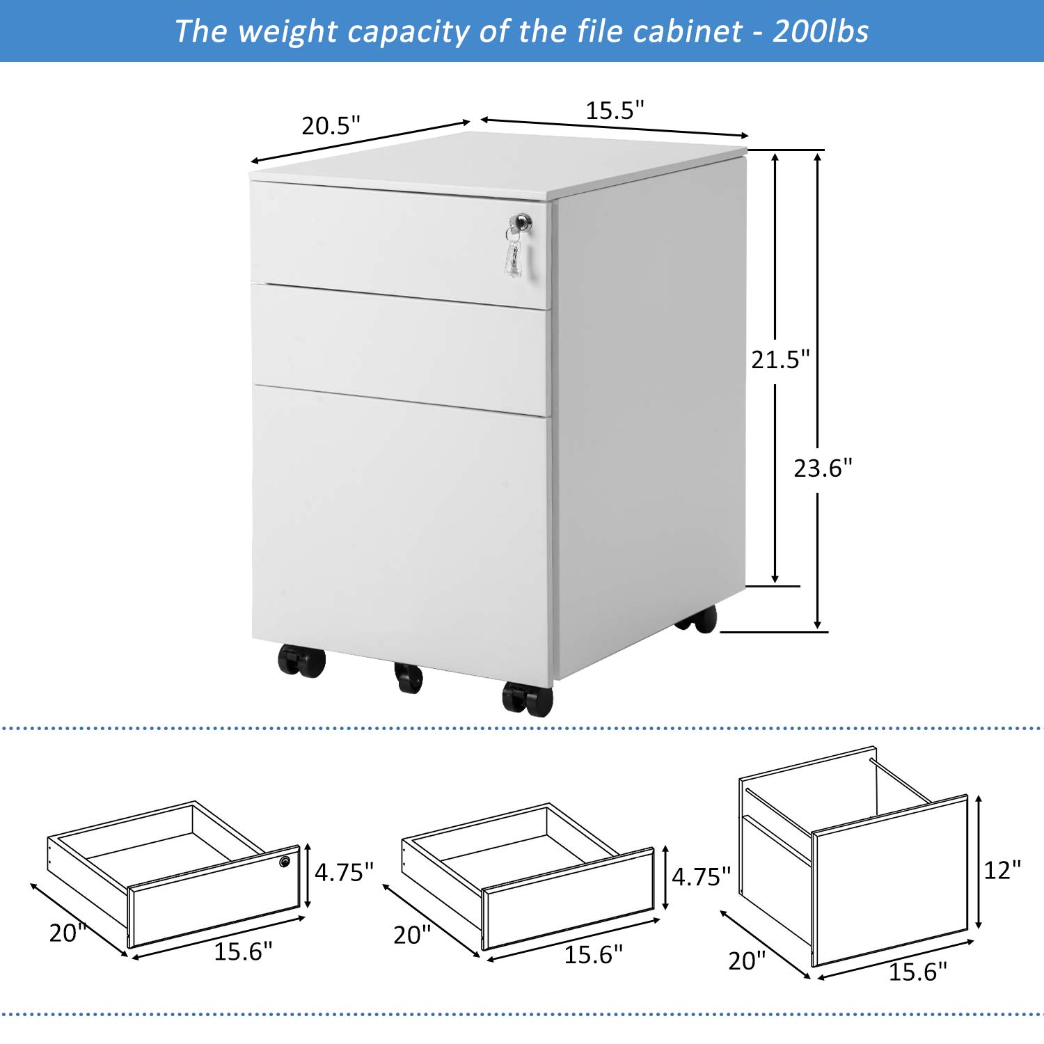3 Drawer File Cabinet with Lock,Fully Assembled Mobile Metal Filing Cabinet for Home and Office, Steel, White
