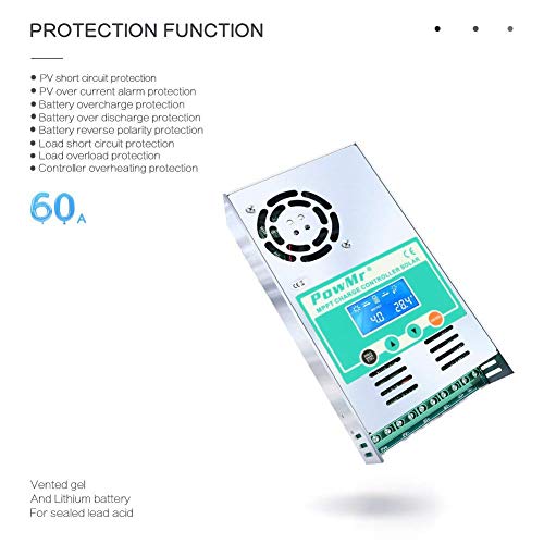 60A Solar Controller MPPT Charge Controller 60 amp 48V 36V 24V 12V Auto - Max 160VDC Input LCD Backlight Solar Charge for Vented Sealed Gel NiCd Lithium Battery