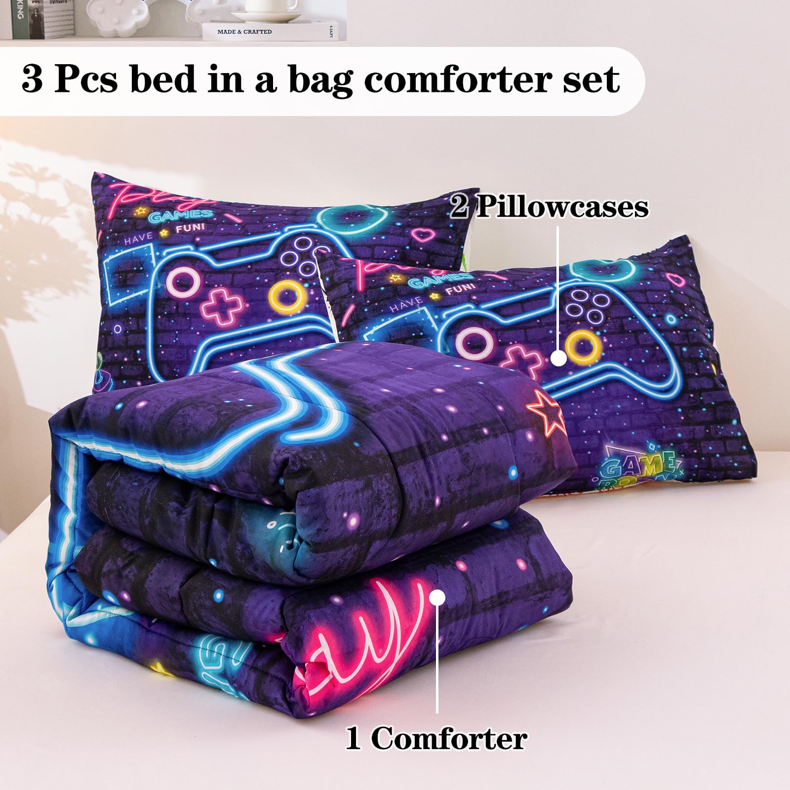 Aimuan Gamer Bedding Sets for Boys Kids Gaming Comforter Sets Video Games Console Action Buttons Gamepad Controller Comforter for Kids Bedroom Decor (Twin, Purple)