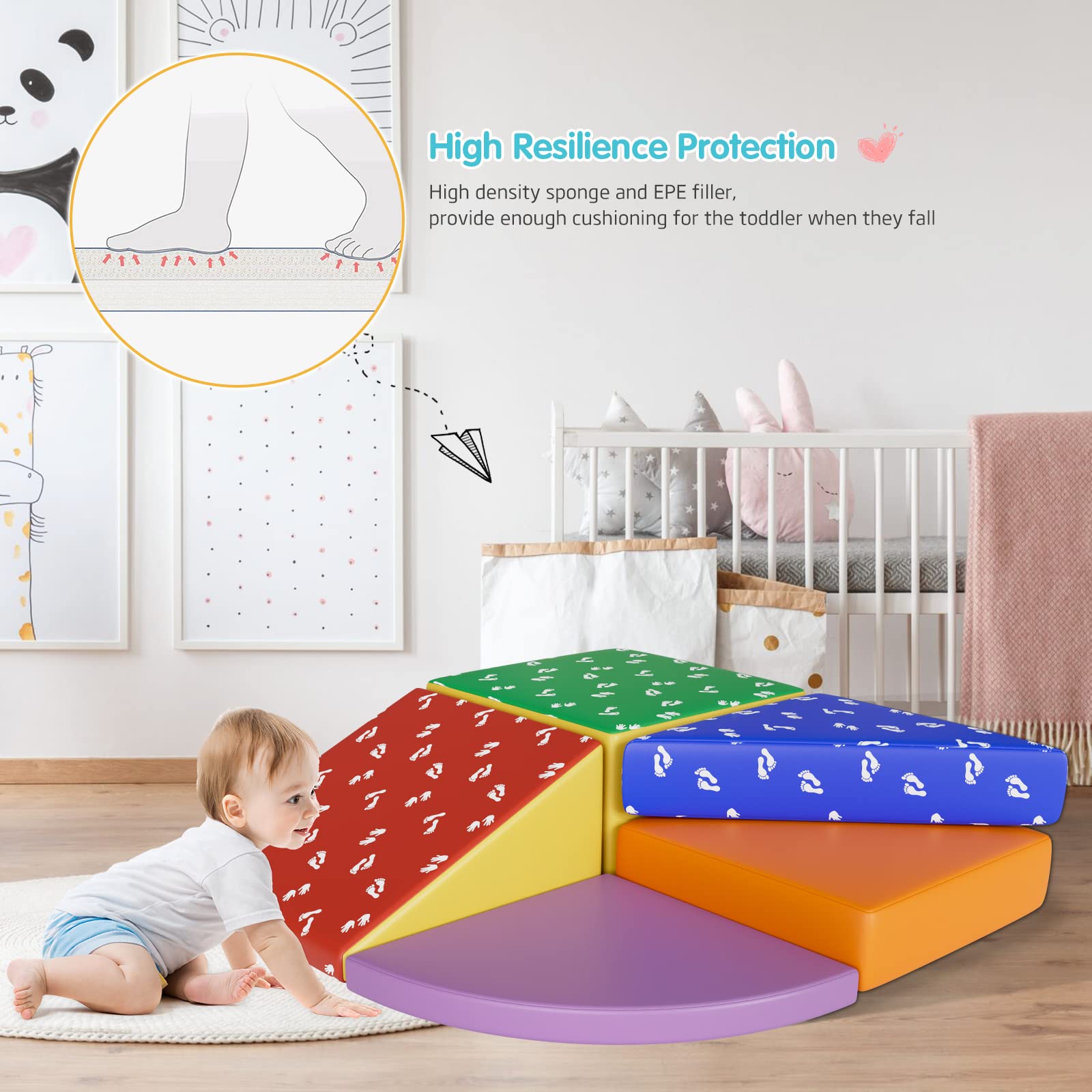 5 Piece Indoor Climbing Toys for Toddlers 1-3, Soft Foam Climbing Blocks Baby Infants Activity Playset, Lightweight Corner Climber for Climbing, Building and Sliding, 5PC