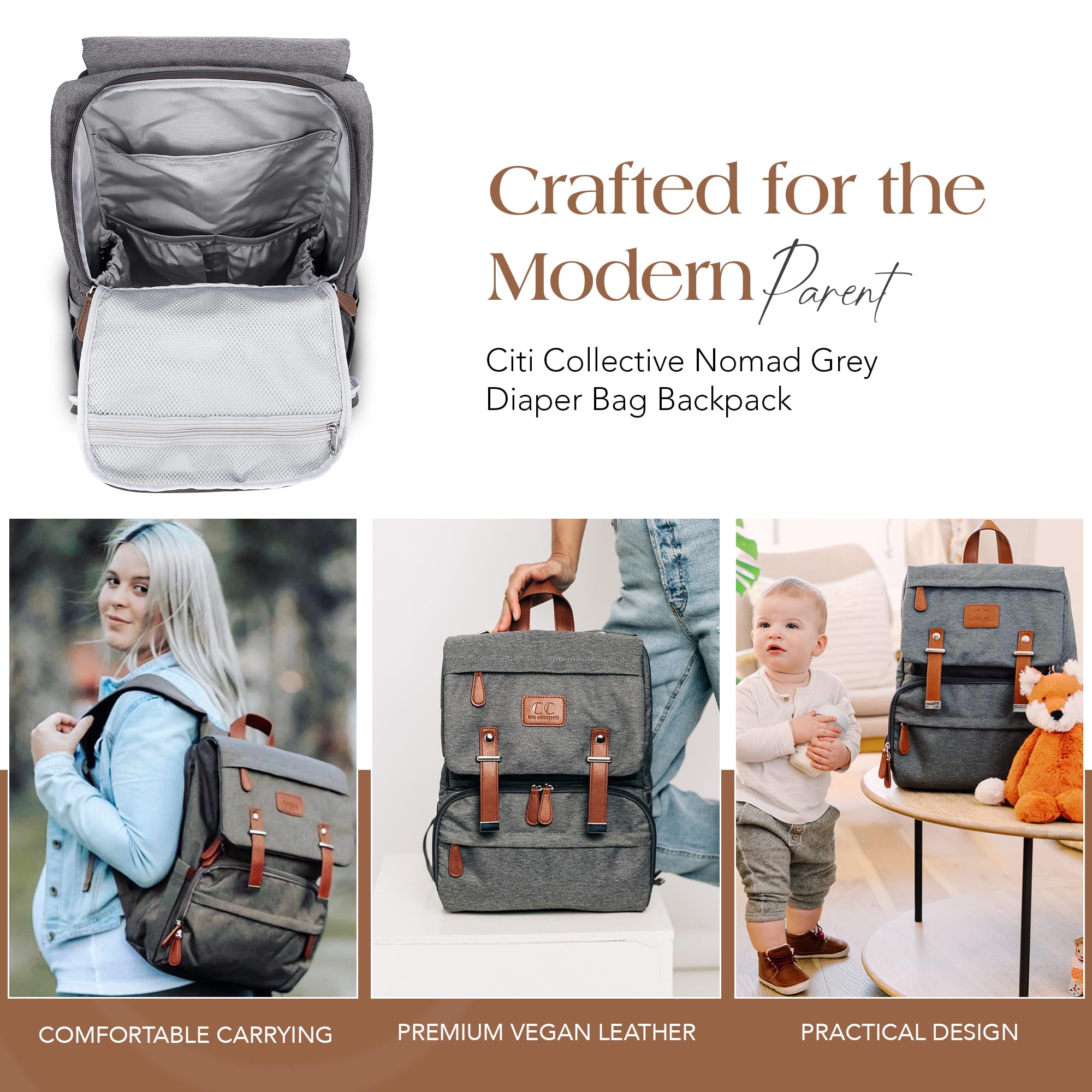 Citi Collective Nomad Grey Diaper Bag Backpack -Premium Vegan Leather- Compact Spacious Design With Insulated Pockets and Stroller Clips