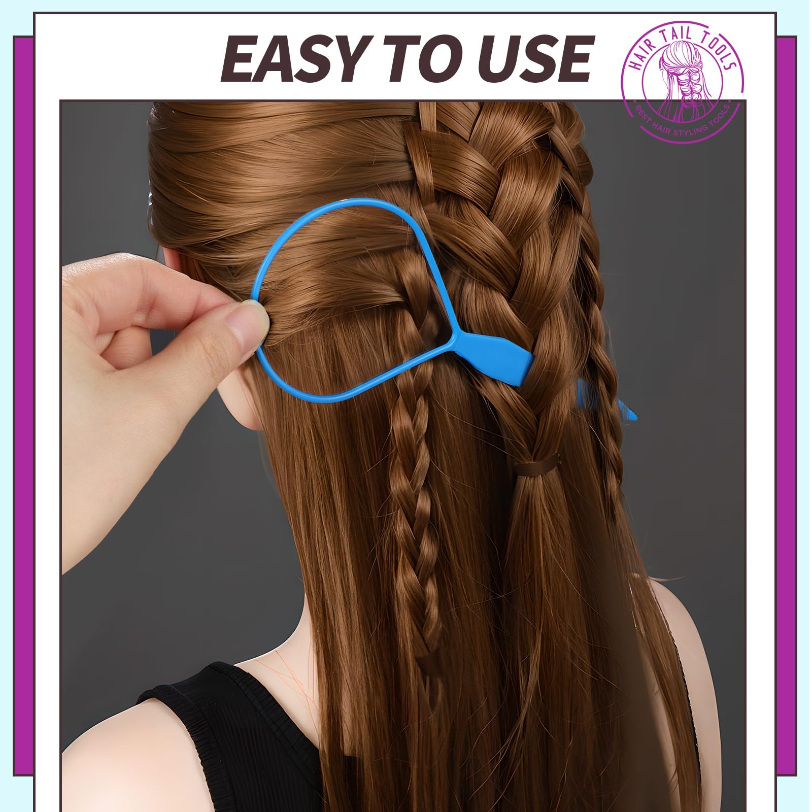 Teenitor 4pcs Pony Hair Tail Accessories, 2 Pairs French Braiding Tool, Turvy Styling Tool for Women Girls, Ponytail Pull Through Tool Purple/Blue