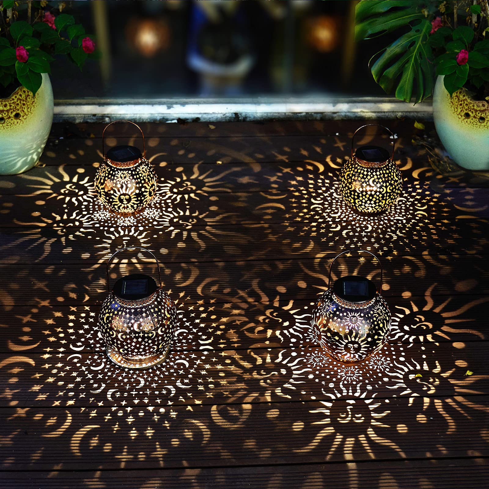 2Pcs Solar Lanterns Outdoor Hanging Garden Lights Decorative Metal Moon Star Sun Solar Lanterns for Table, Patio, Yard, Walkway Decorations Waterproof (Bronze)