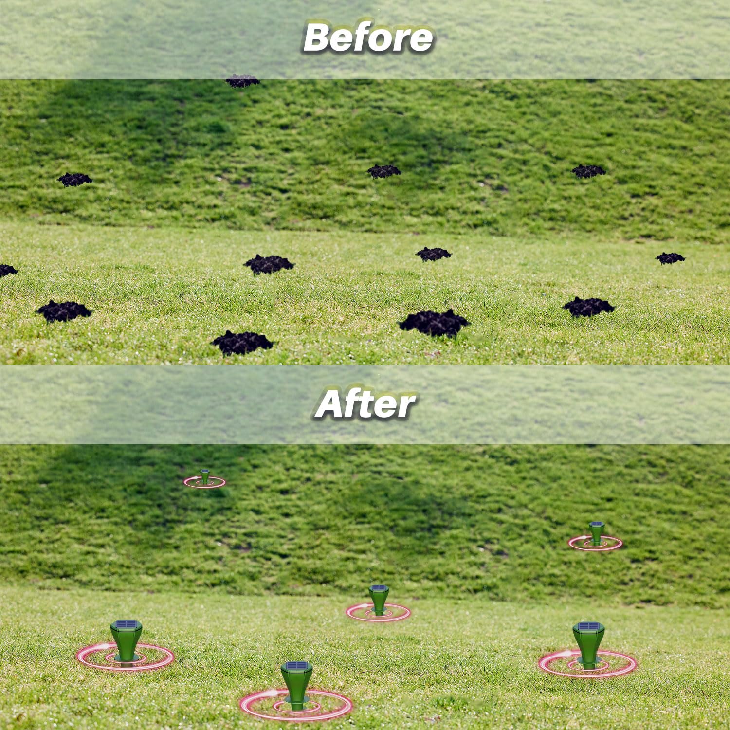 6 Pack Mole Repellent for Lawns Outdoor, Solar Powered Mole Traps Snake Gopher Repellent, Ultrasonic Screw Vibration Stakes Deterrent for Rodent Vole Groundhog Armadillo Chipmunk, No Kill Traps