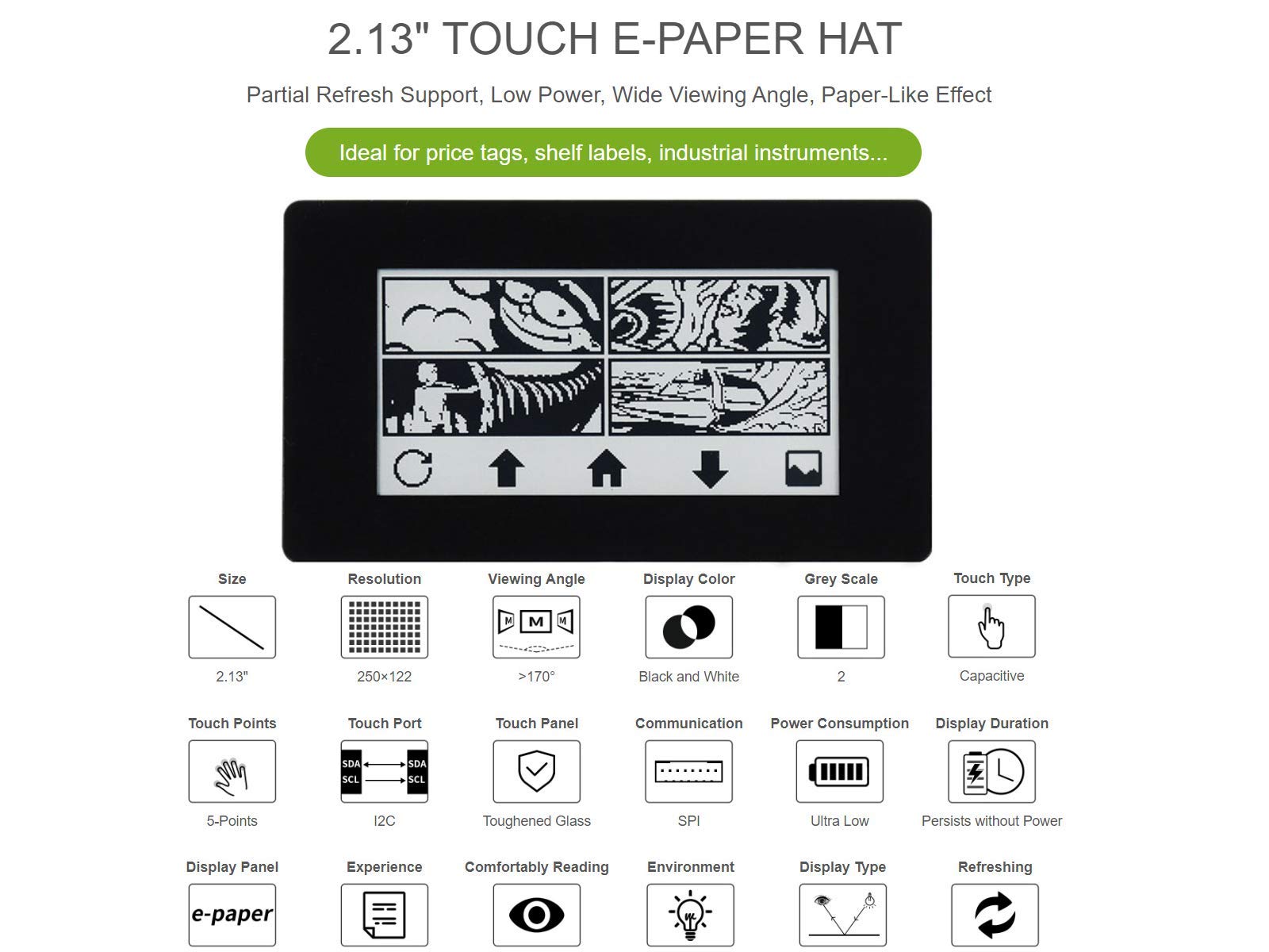 waveshare 2.13inch Touch e-Paper HAT 250×122 Pixels Black White e-Ink Display Module eink Screen for Raspberry Pi 4B/3B+/3B/2B/Zero/Zero W/Zero WH, SPI Interface,Partial Refresh