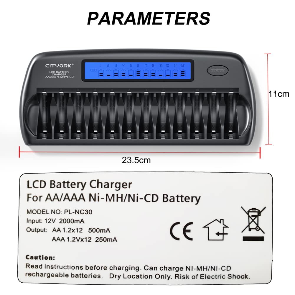 CITYORK 12 Bay LCD Smart Battery Charger for 1.2v AA AAA Ni-MH/Ni-CD Rechargeable Batteries, AA AAA Battery Charger with Refresh Function with AC Wall Adapter