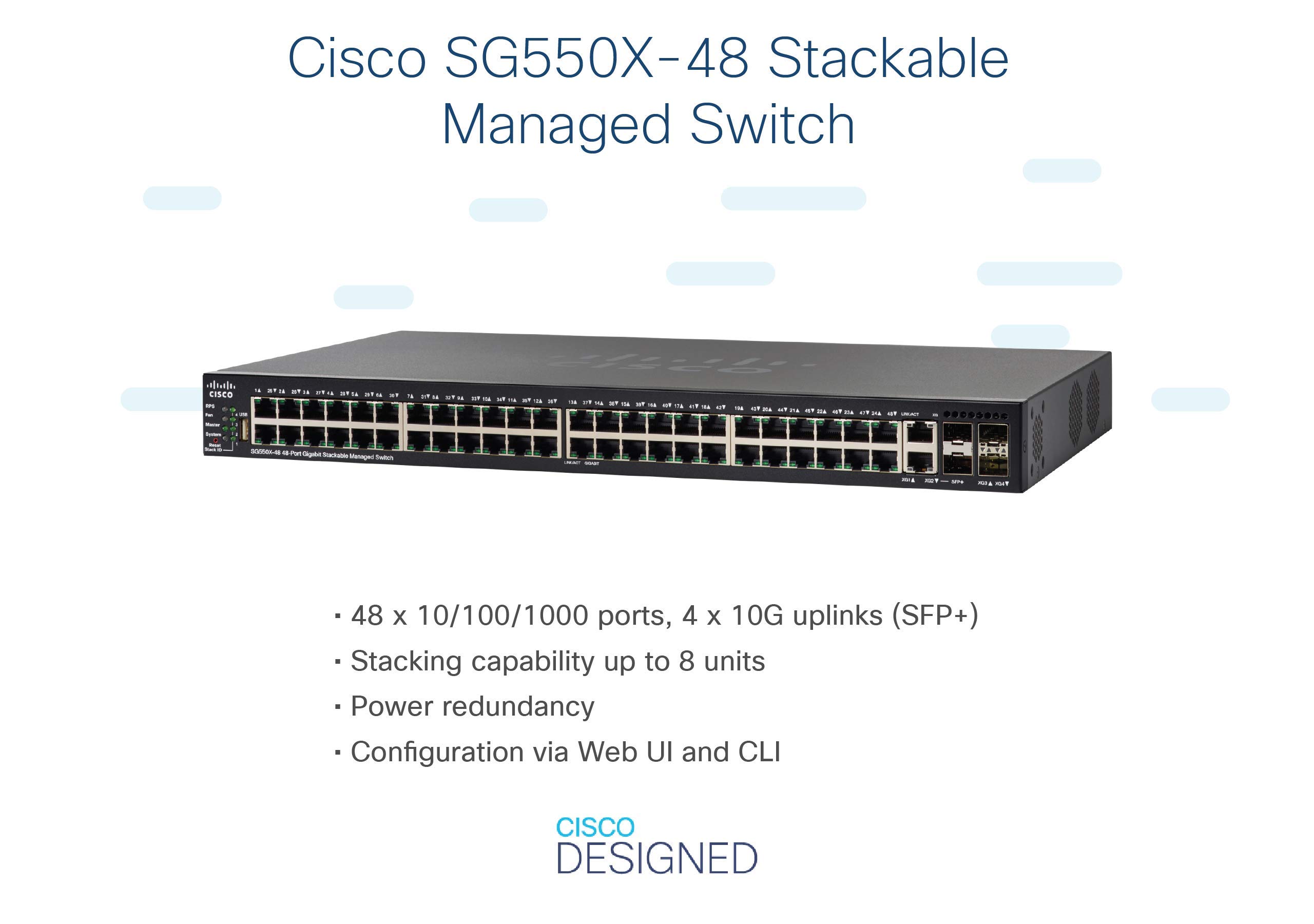 Cisco SG550X-48 Stackable Managed Switch with 48 Gigabit Ethernet (GbE) Ports, 2 x 10G Combo, 2 x SFP+, L3 Dyamic Routing, Limited Lifetime Protection, Black