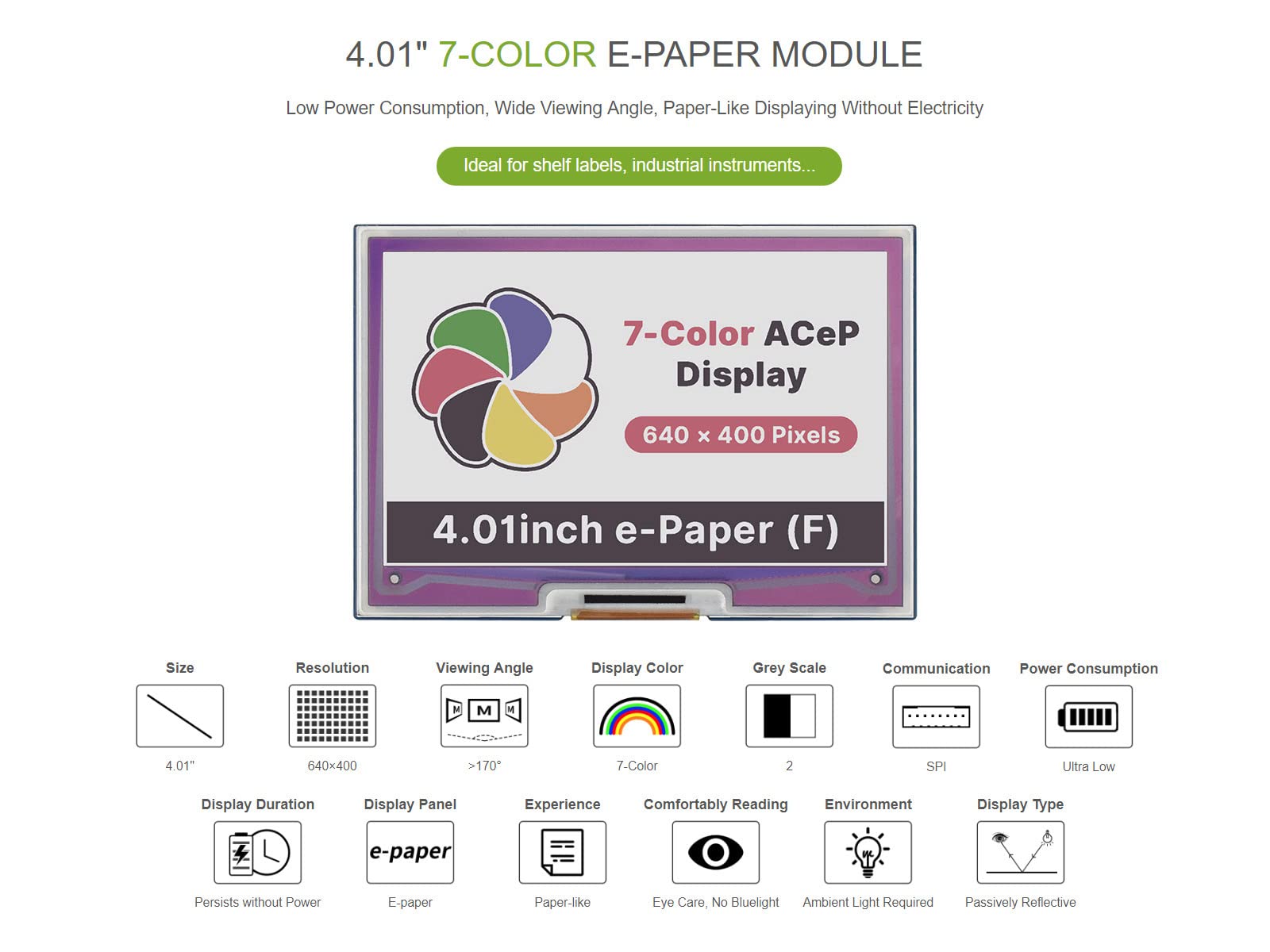 waveshare 4.01inch Colorful E-Paper E-Ink Display HAT Compatible with Raspberry Pi 4B/3B+/3B/2B/B+/A+/Zero/Zero W/WH/Zero 2W Series Boards 640×400 Pixels ACeP 7-Color SPI Interface