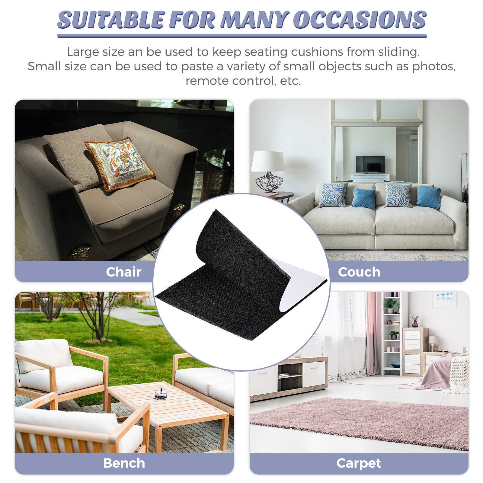 24 Pieces Self Adhesive Non-Slip Cushion Pad for Couch, Keeping Sofa Cushions from Sliding, Hook Loop Tape Gripper Keep for Sheet, Carpet, Seating Cushions, 6 x 6 inch, 4 x 6 inch, 1.6 x 1.6 inch