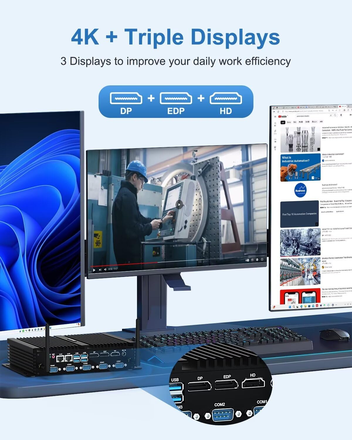 BASOARO Industrial Mini Computer, Fanless Industrial PC, Core i7 8550U, 16G RAM 512G SSD 1TB HDD, Dual LAN, Triple Display 4K UHD, DP/EDP/HD, 6 RS232 COM, Win 11 Pro Mini PC