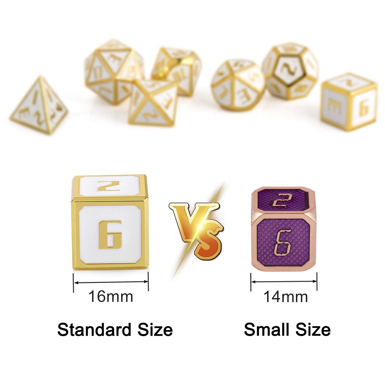 ALLCOLORED 16mm DND Metal Dice Set White Gold 7 Pieces Polyhedral Dice D&D with Metal Case and Velvet Bag for Playing Tabletop Roleplay Games Dungeons and Dragons